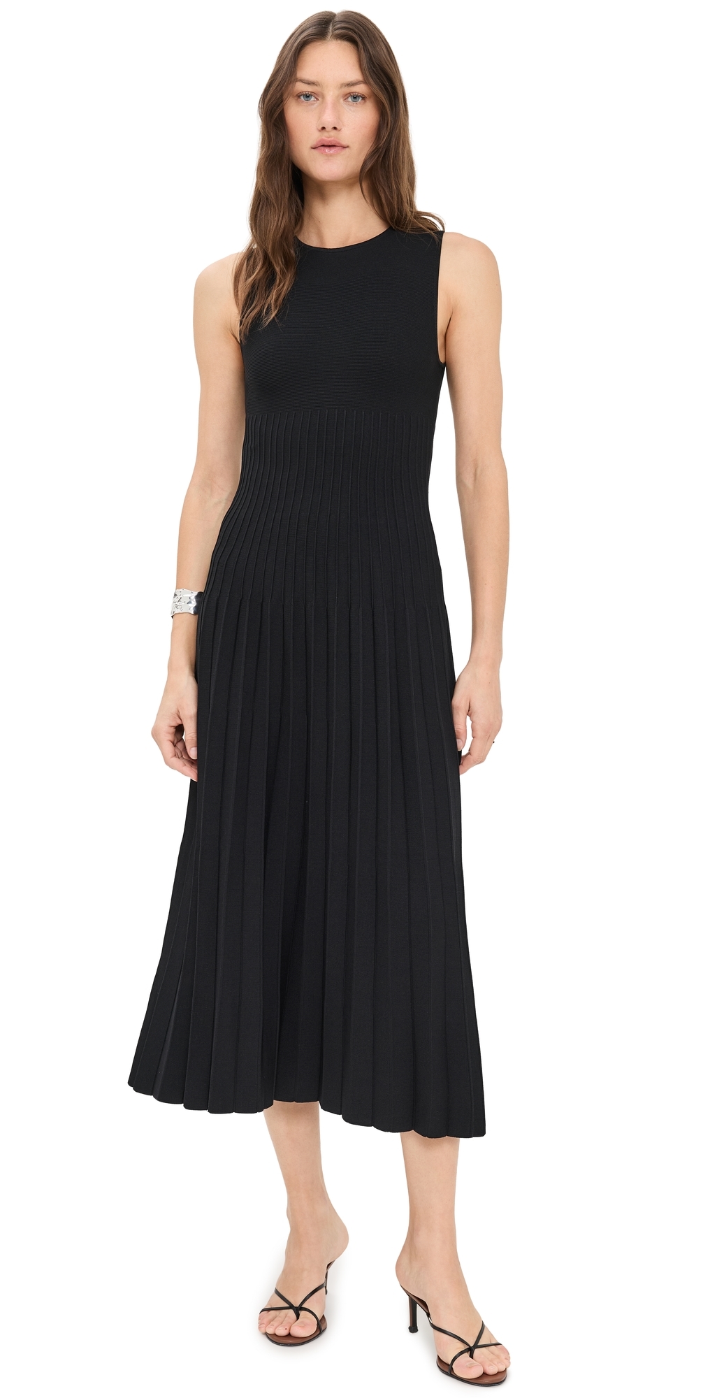 staud elyse pleated midi dress Staud Elyse Ribbed Waist Pleated Knit Dress - Black