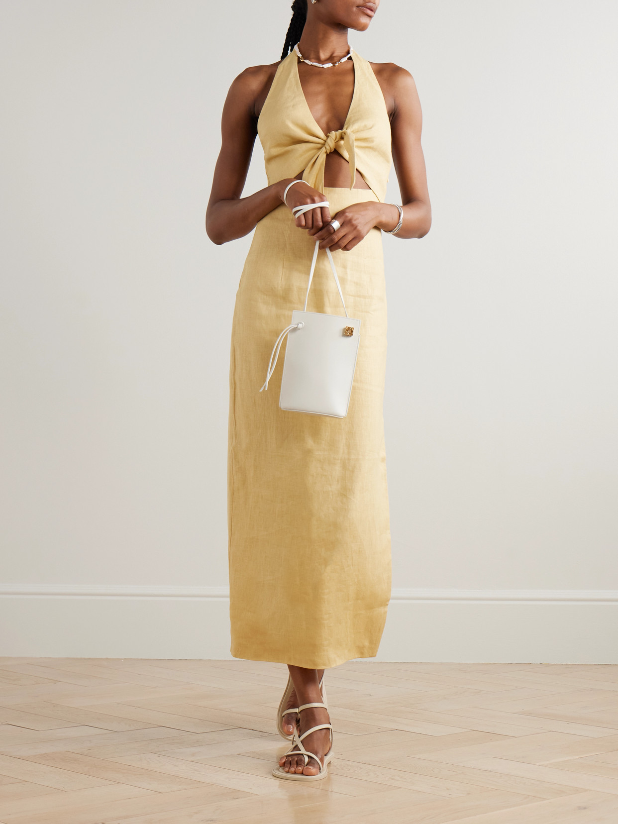 SIR. Alessandra Twist-front Embroidered Linen Halterneck Midi Dress - White  | Editorialist