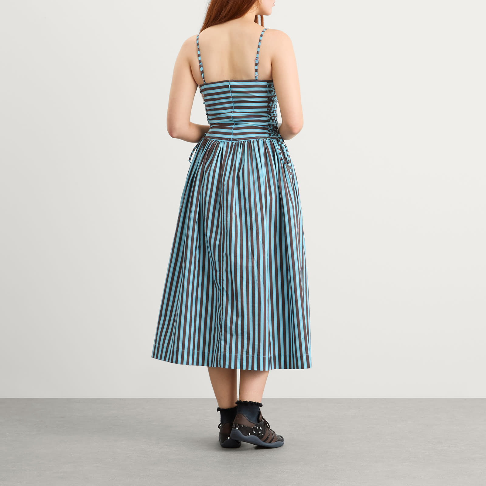 knee length dresses for ladies Angelina Midi Dress With Lace Up in Blue Choco Stripe main image 0