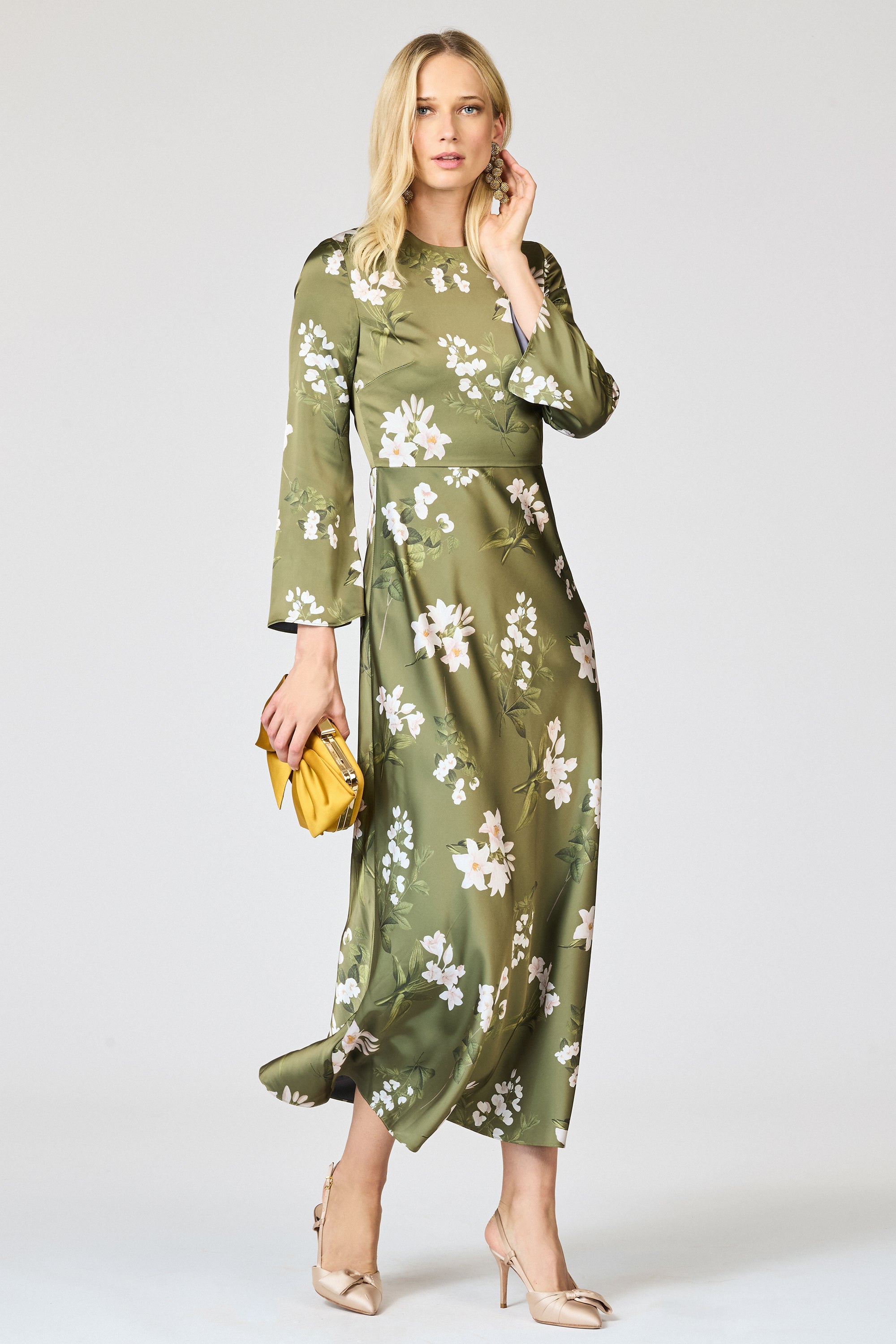 moss green floral dress Moss Floral V-Neck Short Sleeves Wedding Guest Dress with Belt, Moss / M main image 0