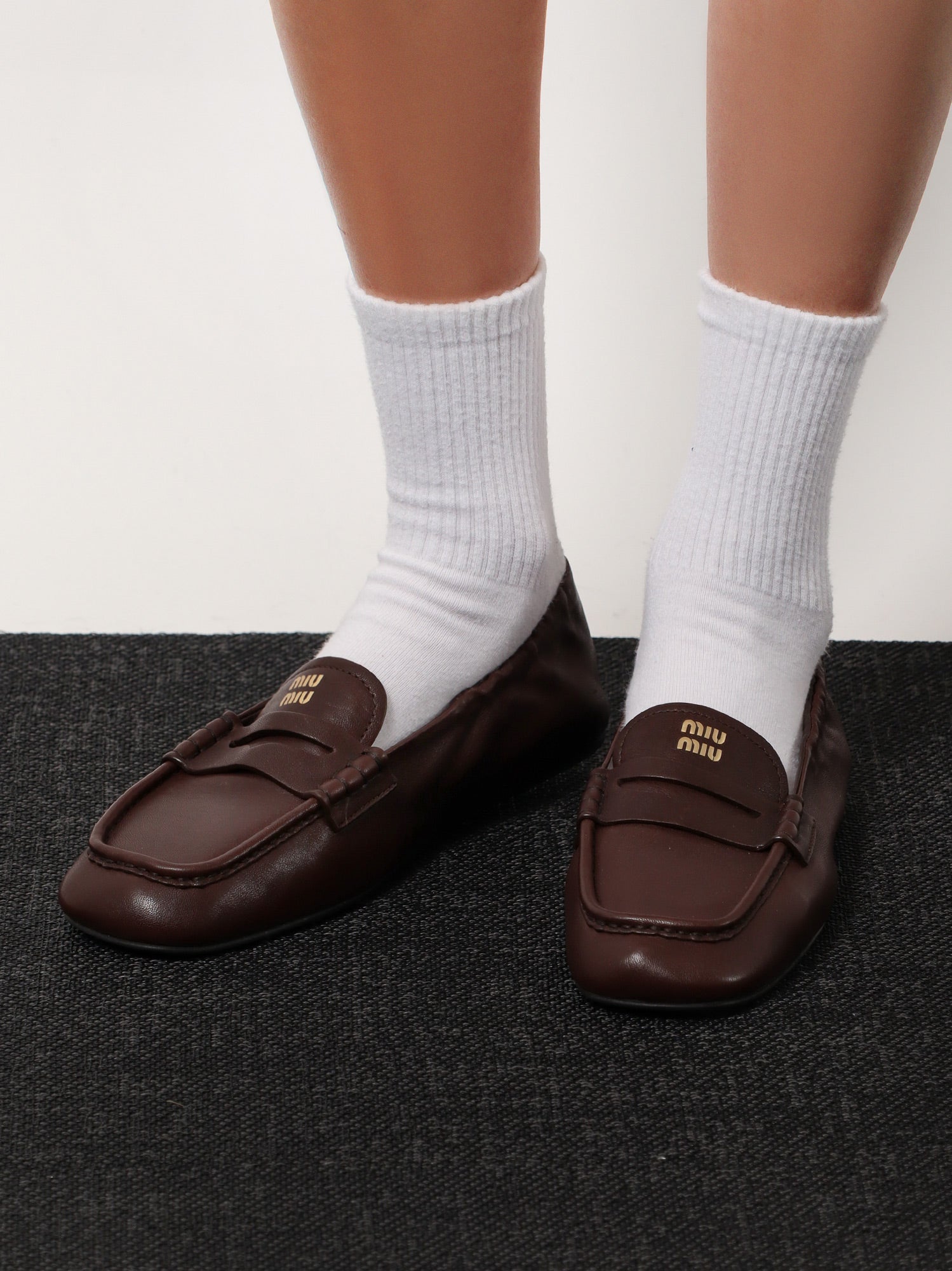 Miu Miu Ruched Leather Loafers With Logo In Brown - 30% Off