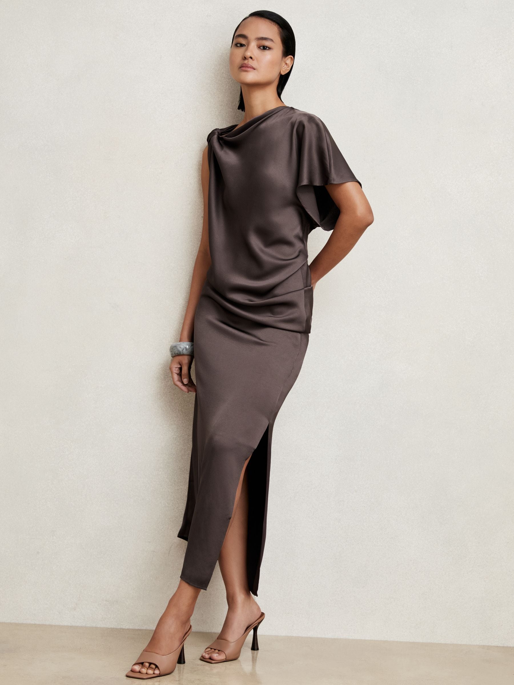 lillyanne formal satin asymmetrical midi dress Women's Dresses Grayson Tied Back Asymmetrical Midi Dress Steel Blue S by Selfie Leslie main image 0
