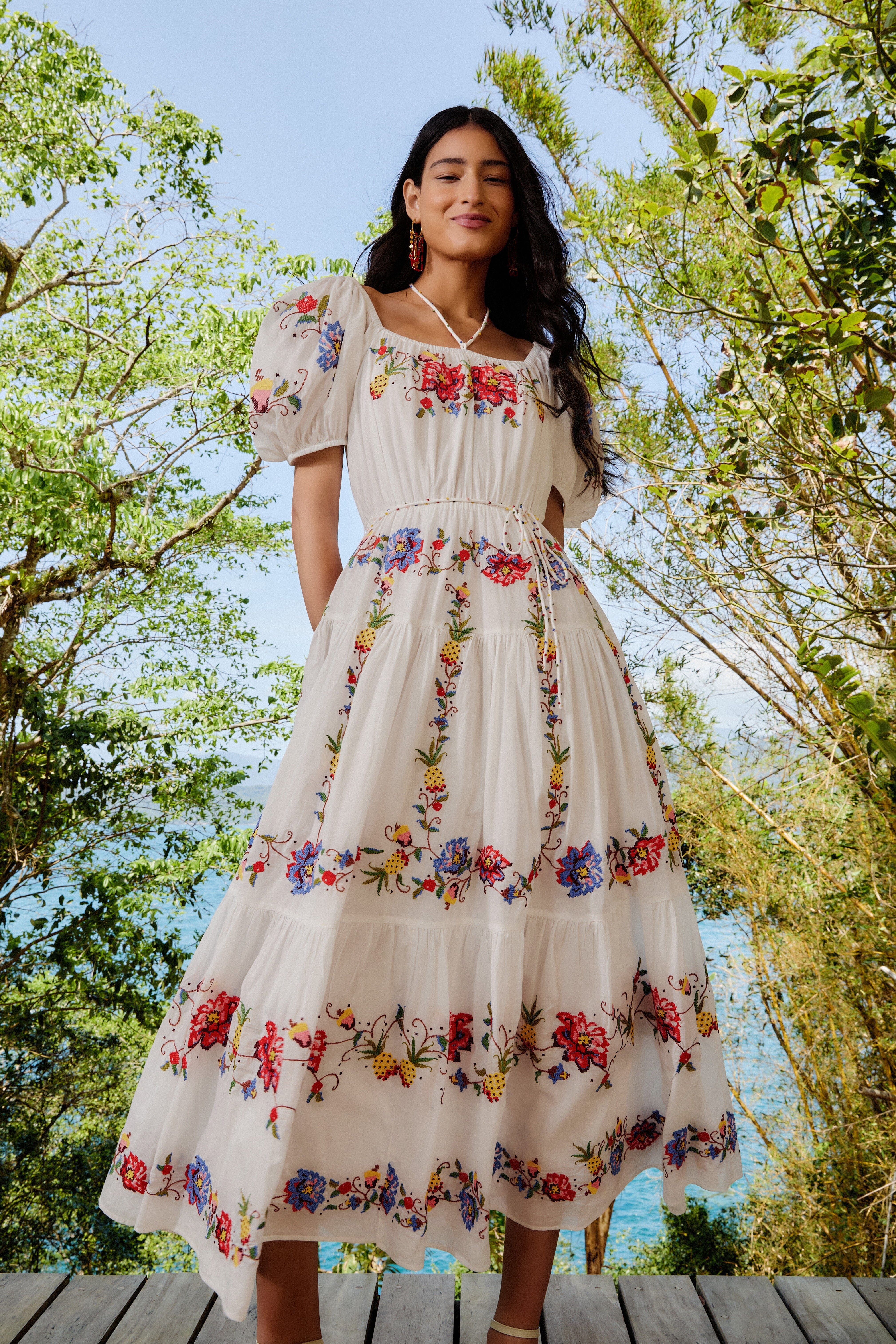 Farm Rio Tropical Porcelain Embroidered Maxi Dress - Off-White |  Editorialist
