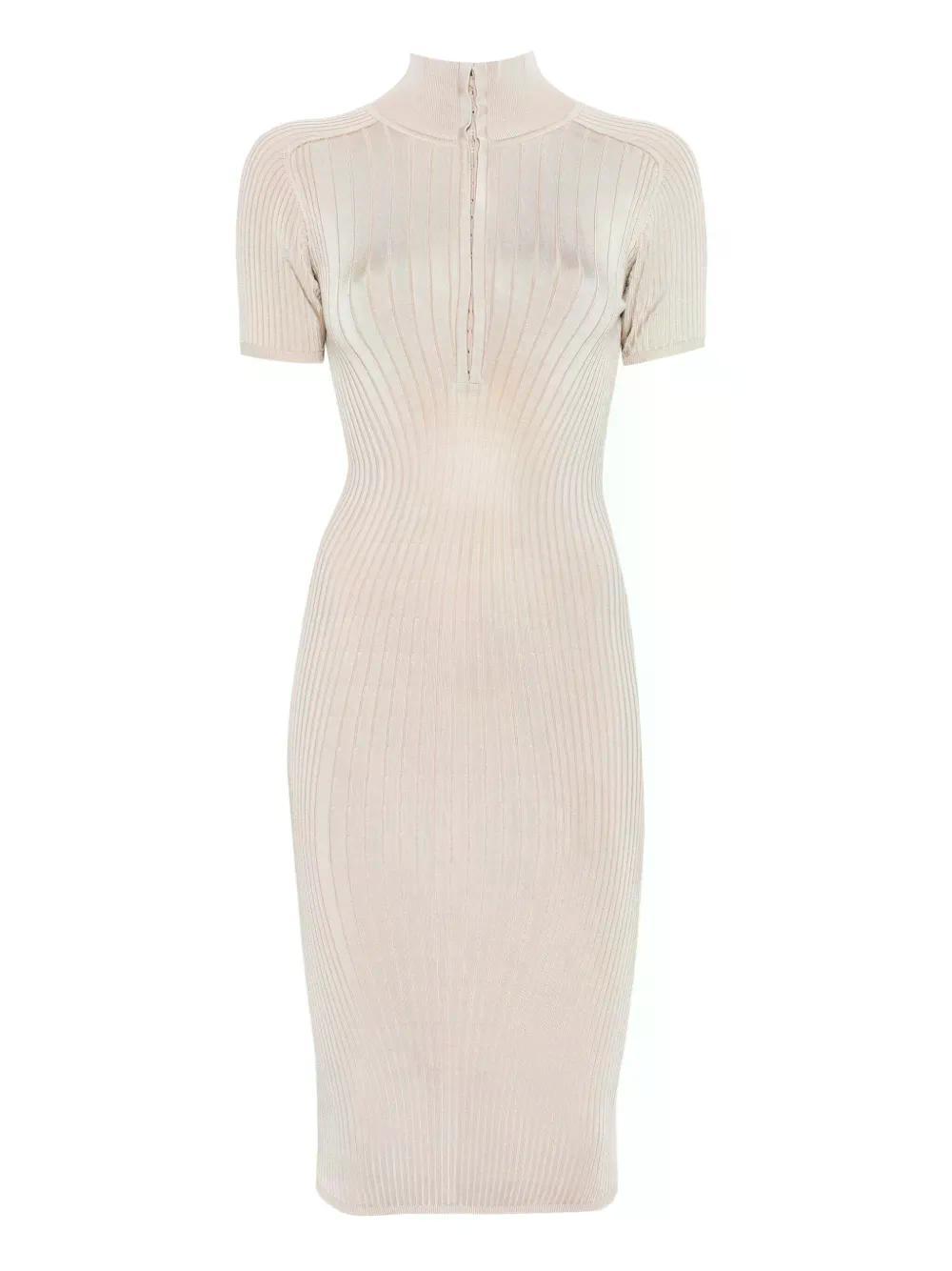Mugler Hook-And-Eye Ribbed-Knit Midi Dress - Neutrals | Editorialist