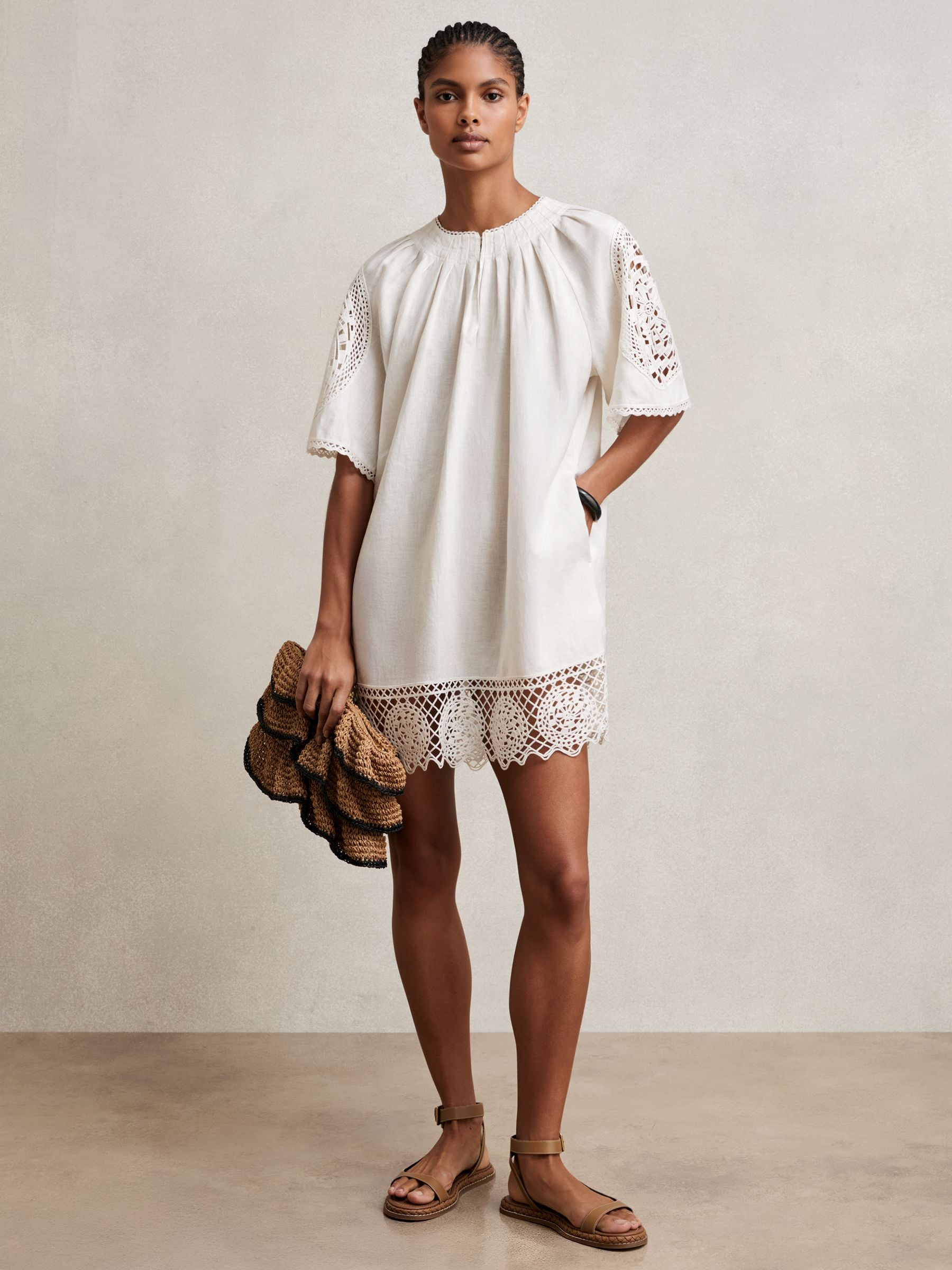 REISS Linen Shift Dress with Cutwork Embroidery