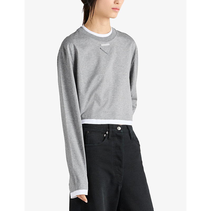 Prada Triangle Appliqué Long-Sleeve Cotton-Jersey T-Shirt - Grey
