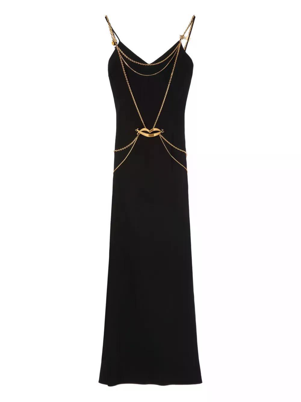 long black dress with gold chain straps Black crêpe column dress with chains main image 1