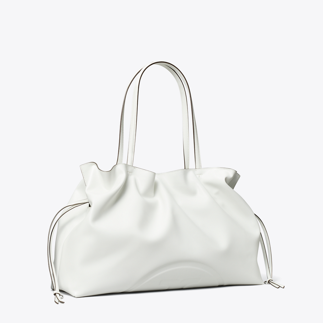 Tory Burch Ella Drawstring Tote In Lucida™ Mat - Bianco | Editorialist
