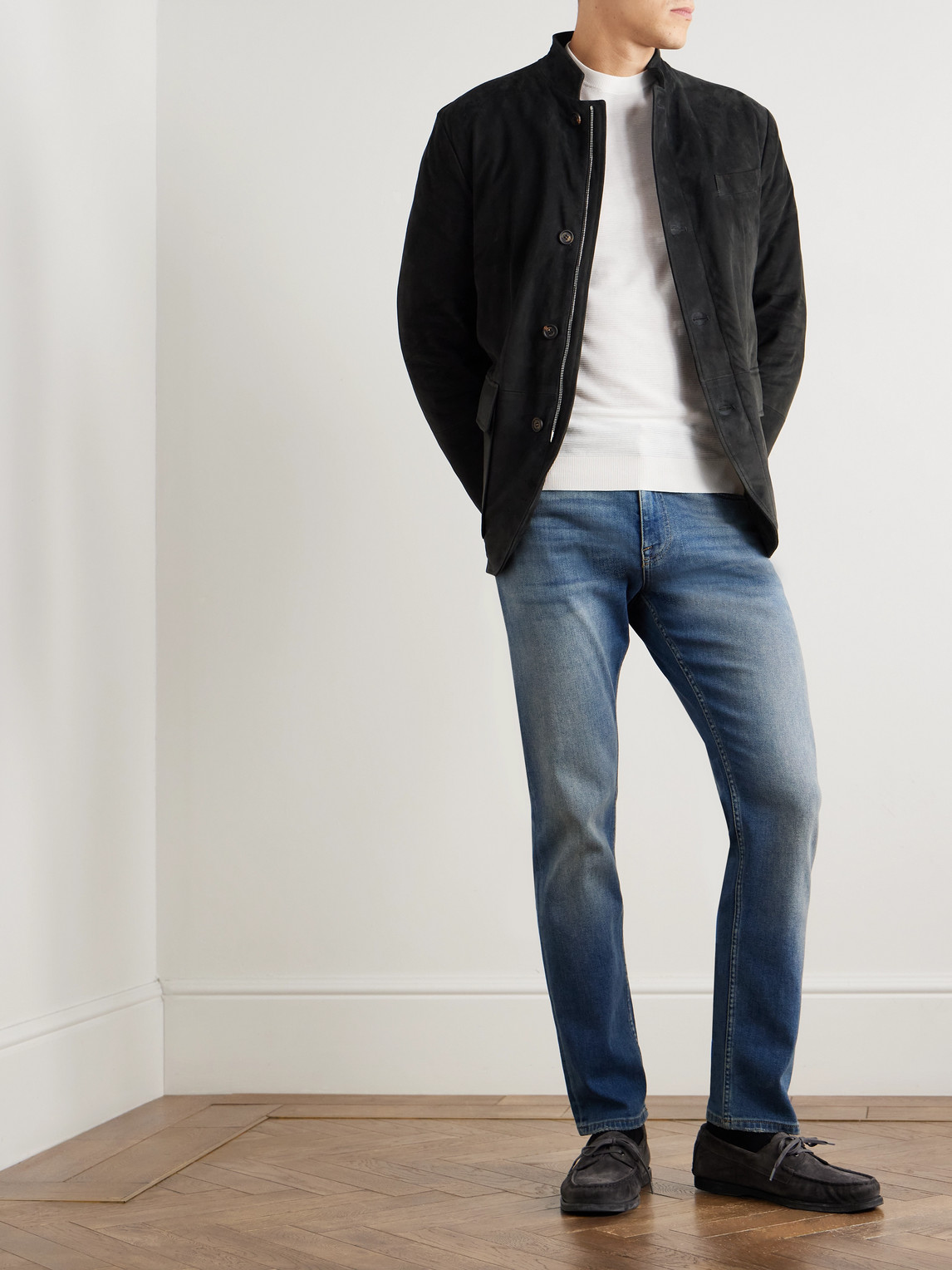 ELEVENTY Slim-Fit Nehru-Collar Suede Down Jacket
