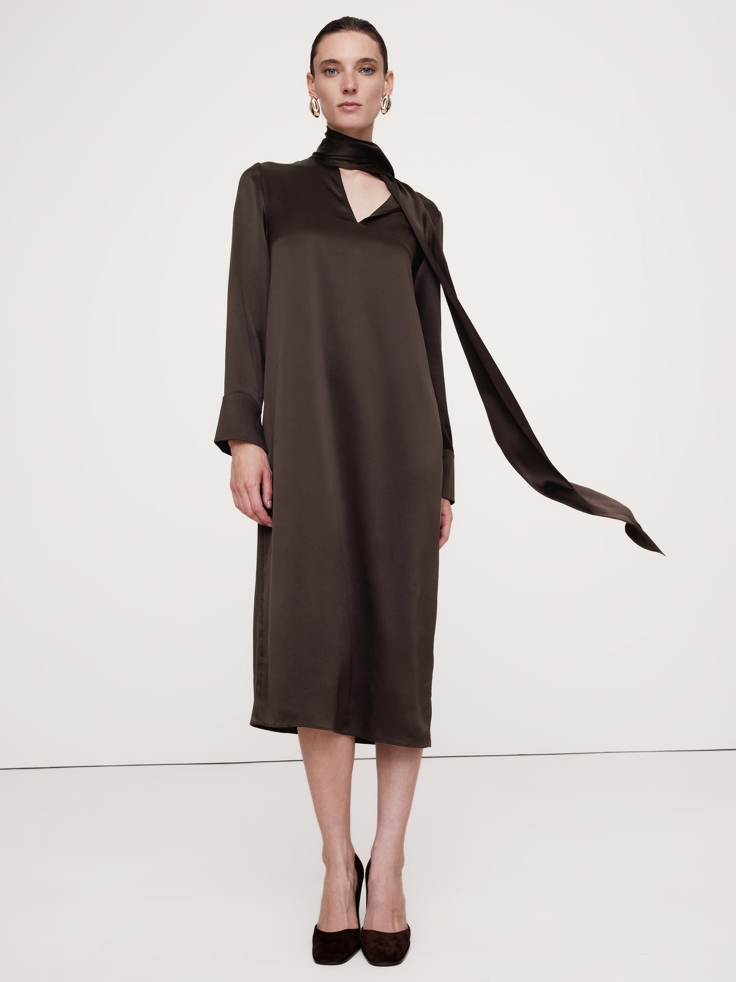 Banana Republic Silk Tie-Neck Midi Dress - Chocolate Ganache Brown |  Editorialist