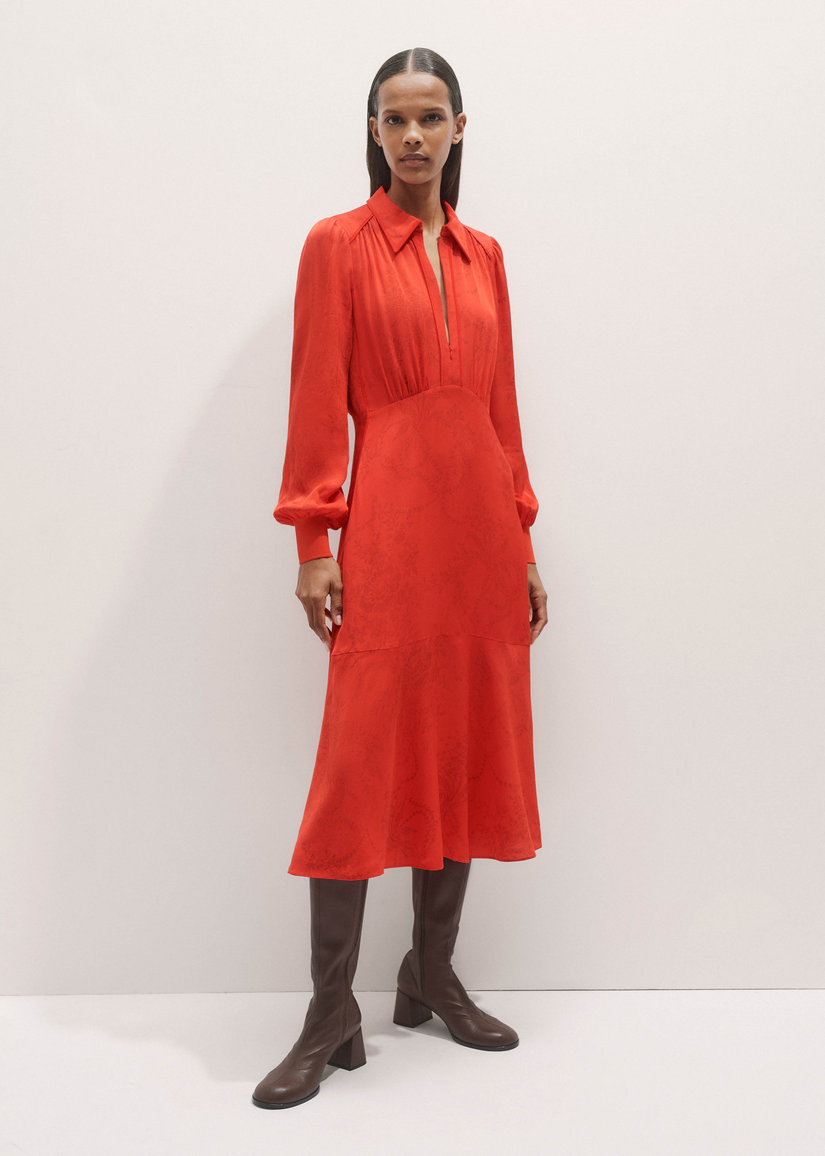 ME+EM Fluid Fit & Flare Midi Dress - Red/Caramel