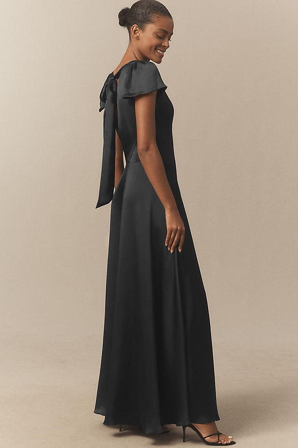 Bhldn Sammie Short-sleeve Bow-back Satin Maxi Dress - Black