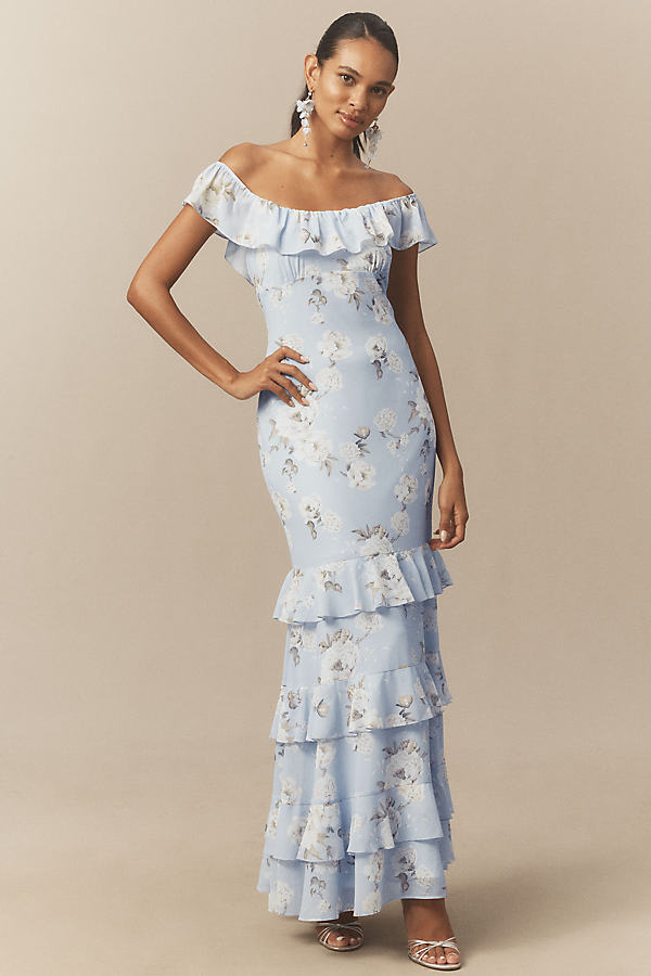 white christmas dresses Floral Frill Trim Flounce Sleeve Plunge Maxi Dress – The Gathering Garden