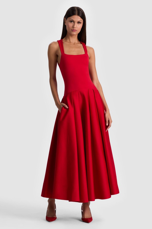 Alice + Olivia Adley Drop Waist Midi Dress In Red - 60% Off | Editorialist