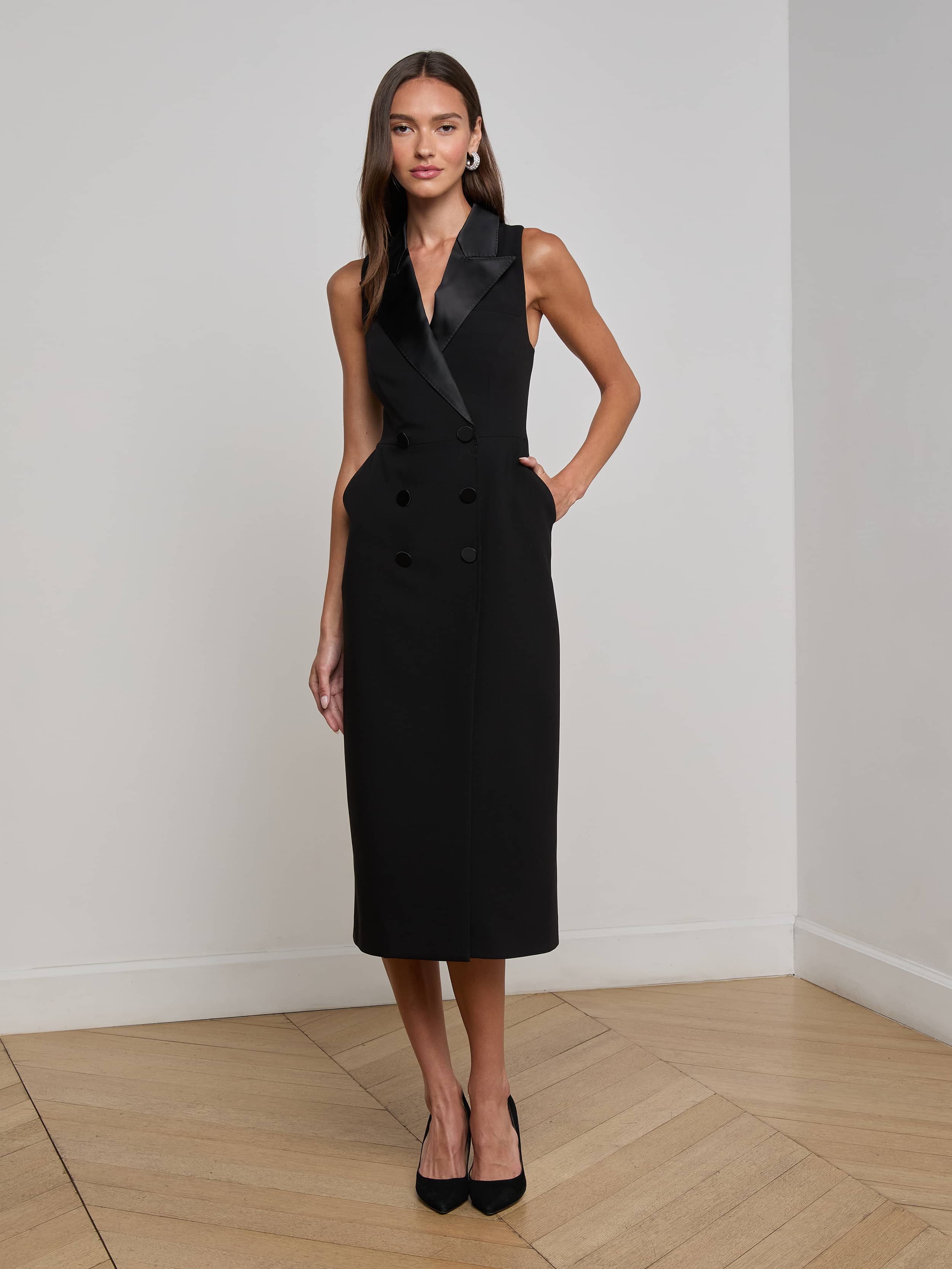 L'Agence Catherine Tuxedo Midi Dress - Black | Editorialist