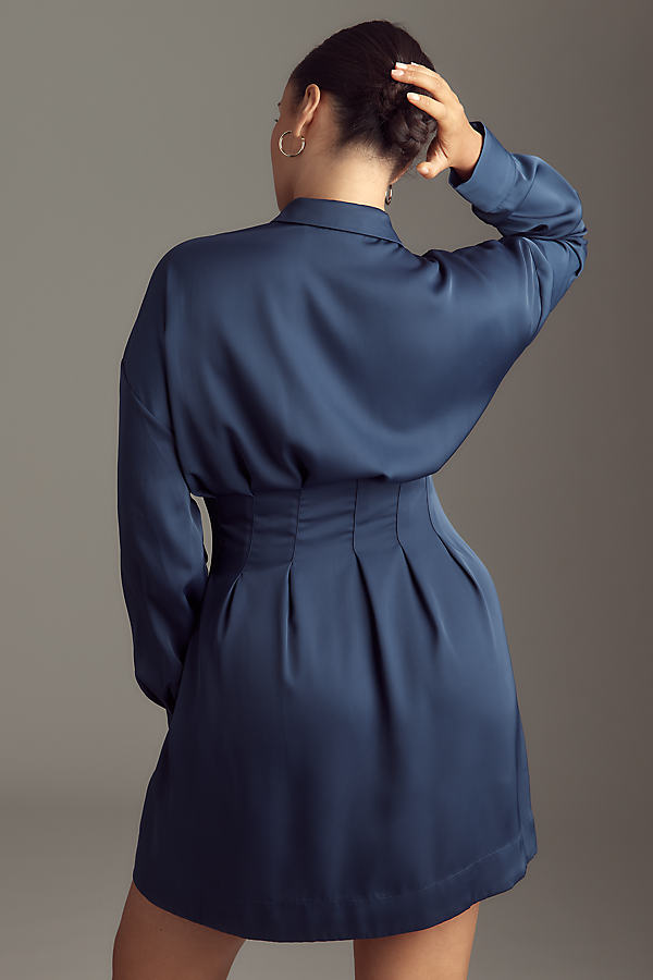 the tobie long sleeve satin mini shirt dress by exquise Exquise The Tobie Long-Sleeve Satin Mini Shirt Dress by Exquise