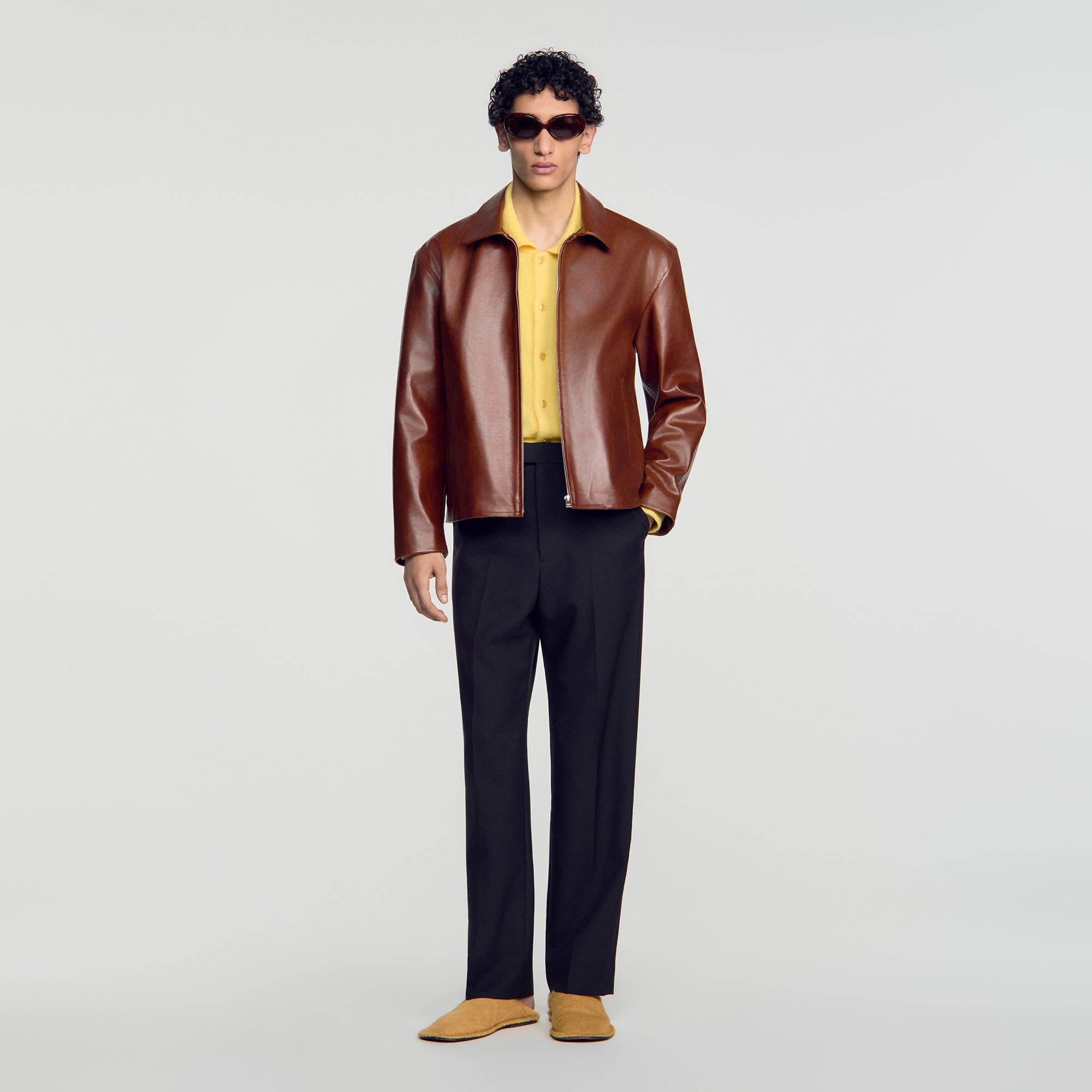 SANDRO Sandro Leather Jacket with Wing Collar and Zip Fastening