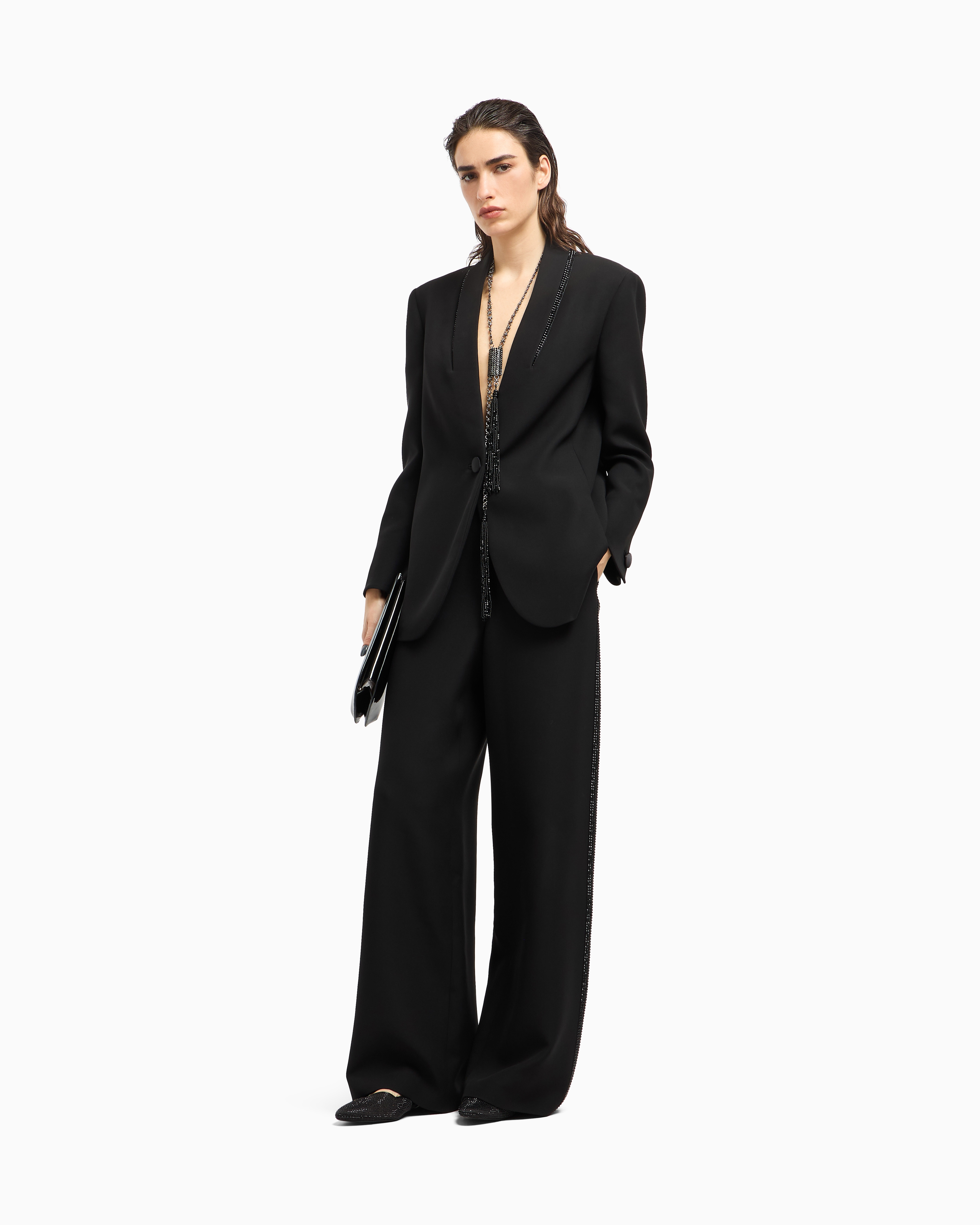 GIORGIO ARMANI Wide-Leg Silk Trousers with Rhinestone Embroidery