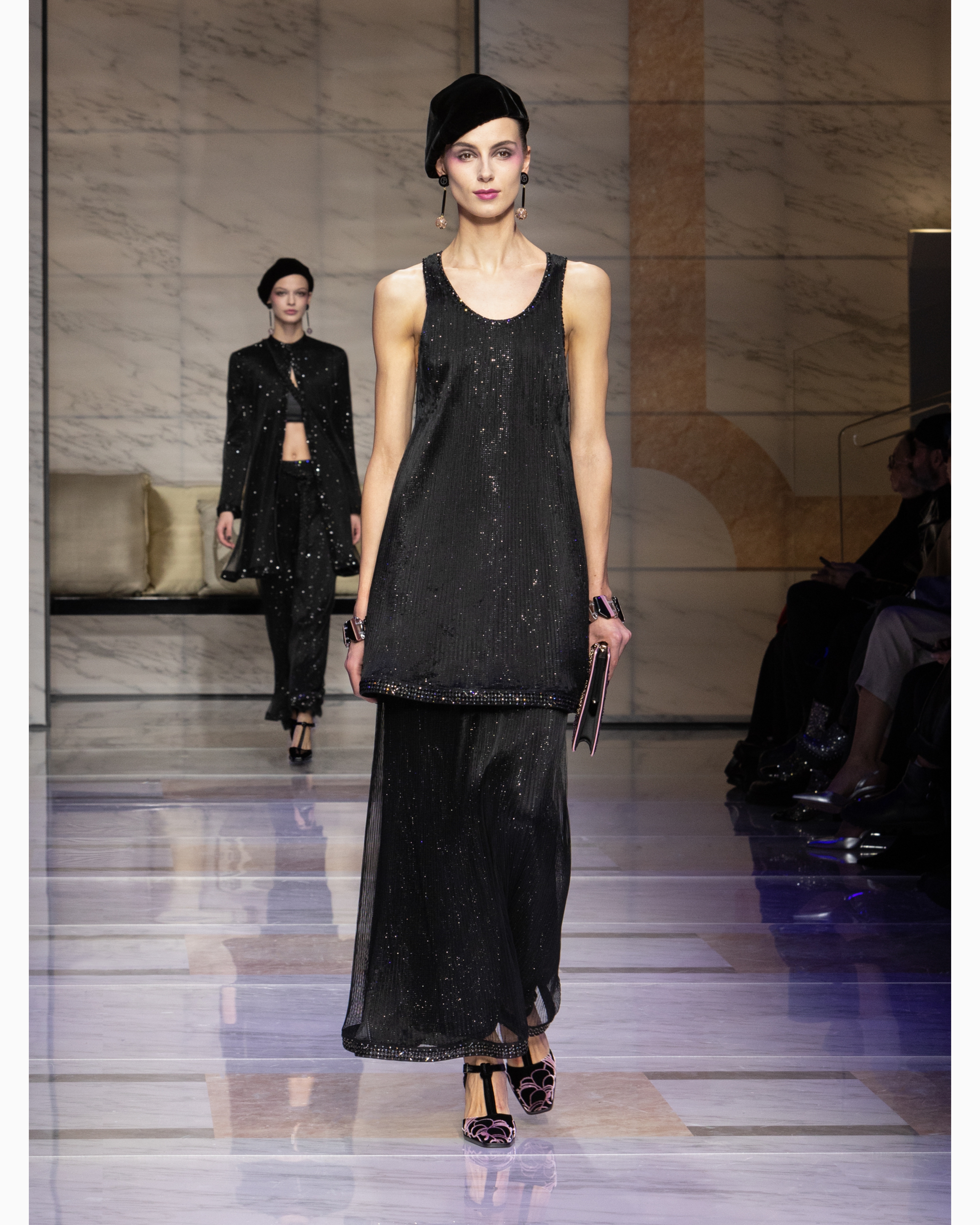 GIORGIO ARMANI Pleated Tulle Dress with Crystal Embroidery and Frill