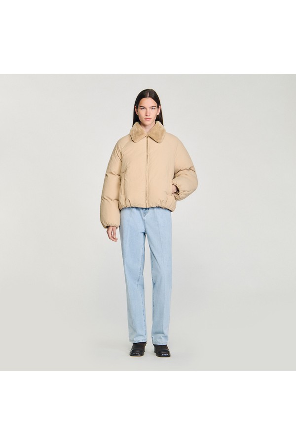 Sandro Puffer Jacket With Faux Shearling Collar - Brown / Neutral - 30% ...