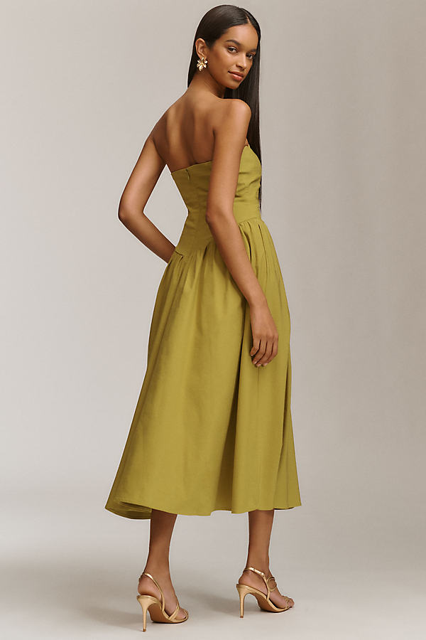 Strapless Scallop Drop-Waist Midi Dress by Bhldn in Green, Women's Size: Medium