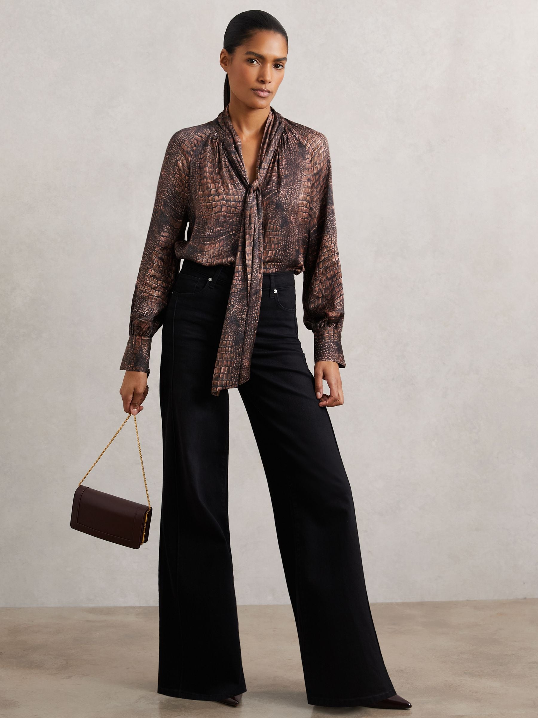 REISS Naomi Crocodile-Print Tie-Neck Blouse