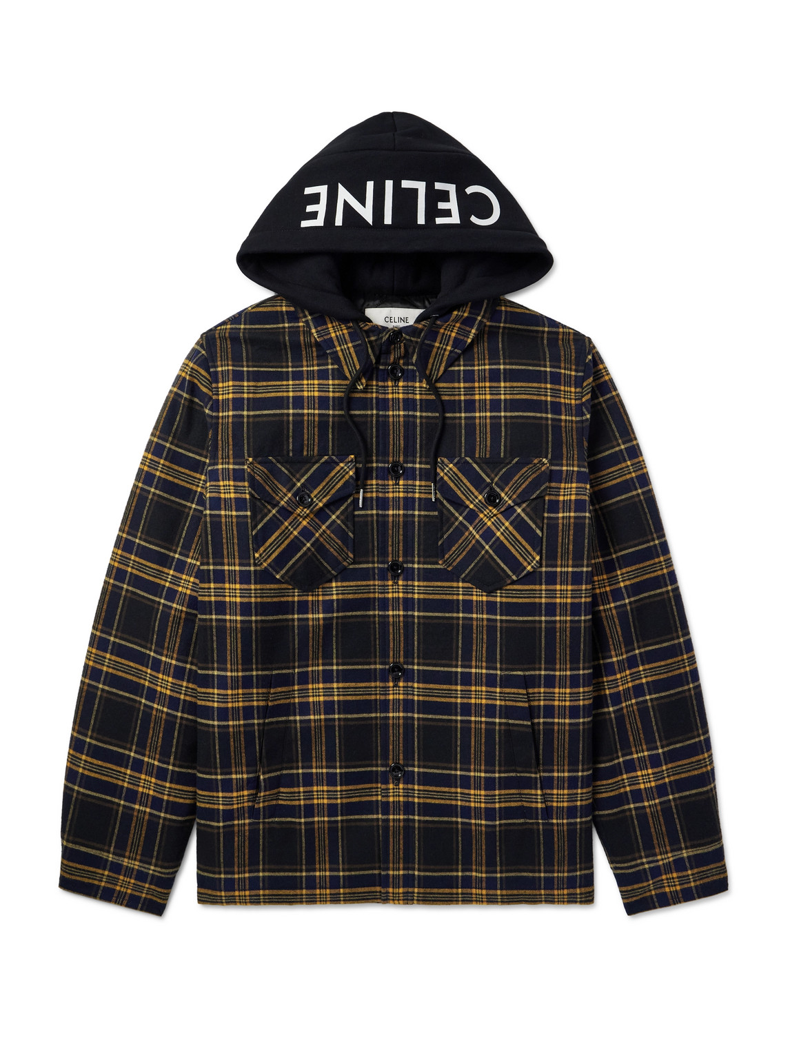 Celine Logo-Print Jersey And Checked Cotton-Flannel Hooded