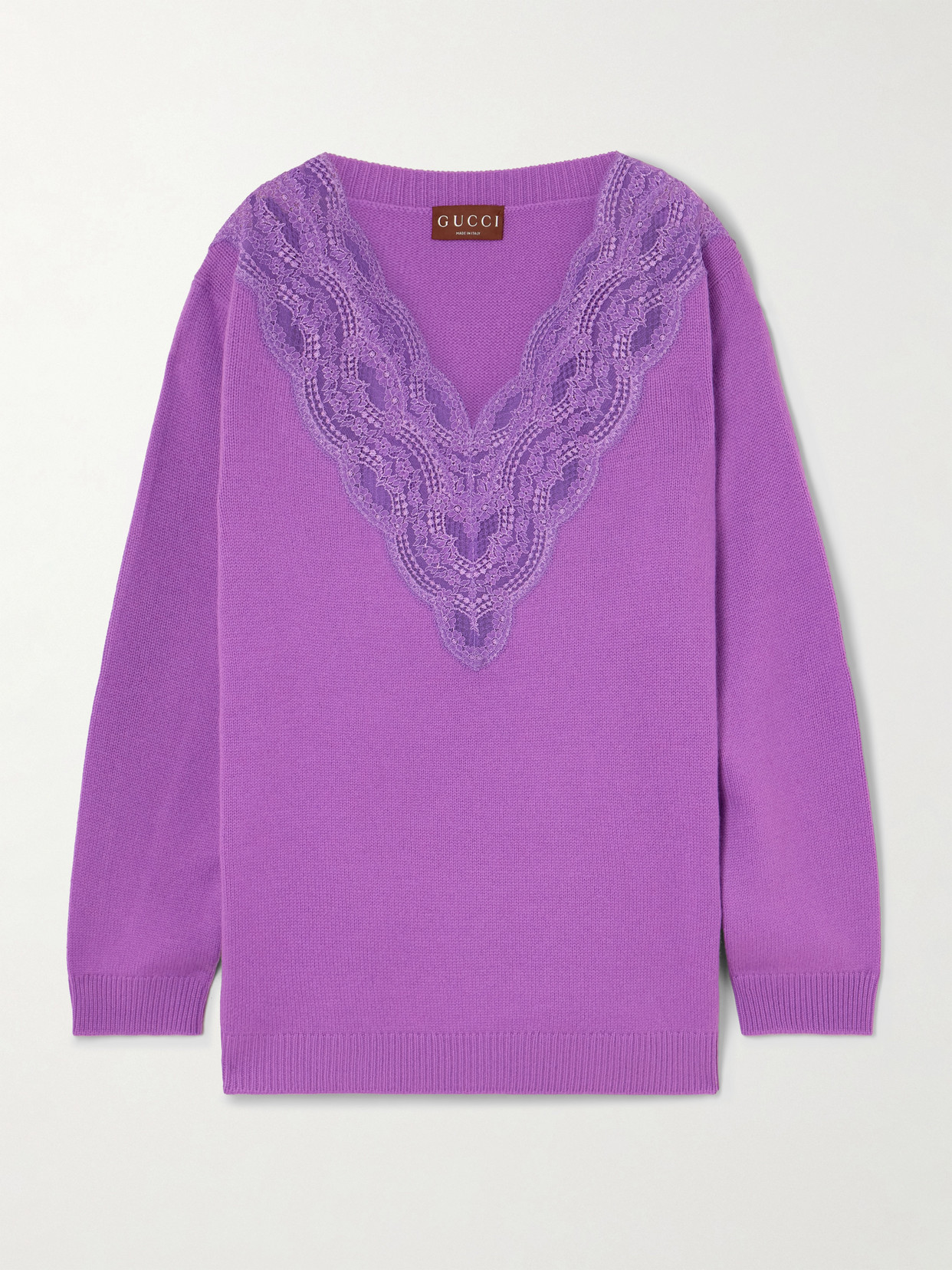 GUCCI グッチ 2008AW Vネックニットセーター 205292 パープル M Gucci Lace-Trimmed Ribbed Wool And Cashmere-Blend Sweater - Purple