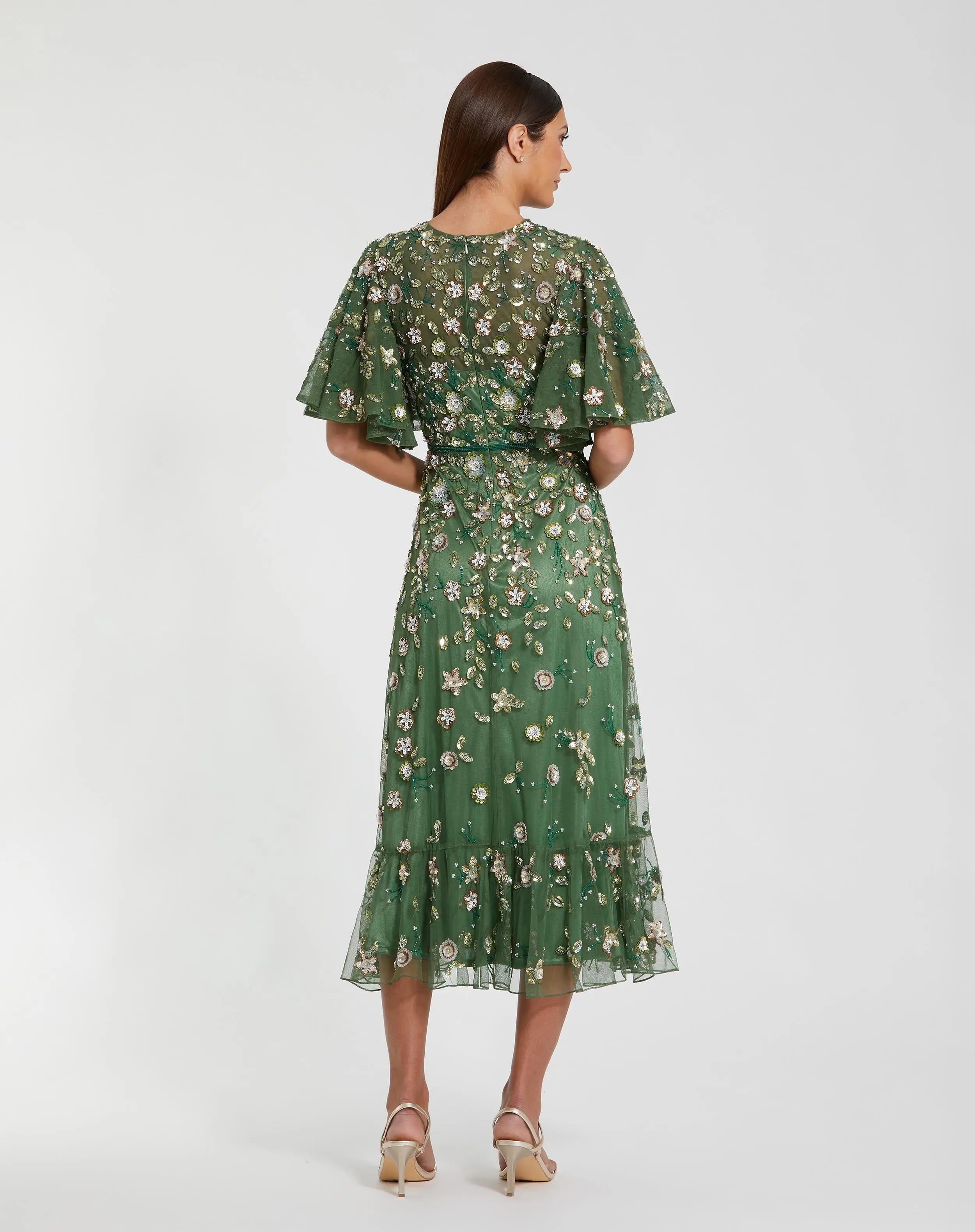 beaded midi dress with sheer ruffled sleeves in frosted sage FANTANGO OFF SHOULDER TIERED MAXI DRESS