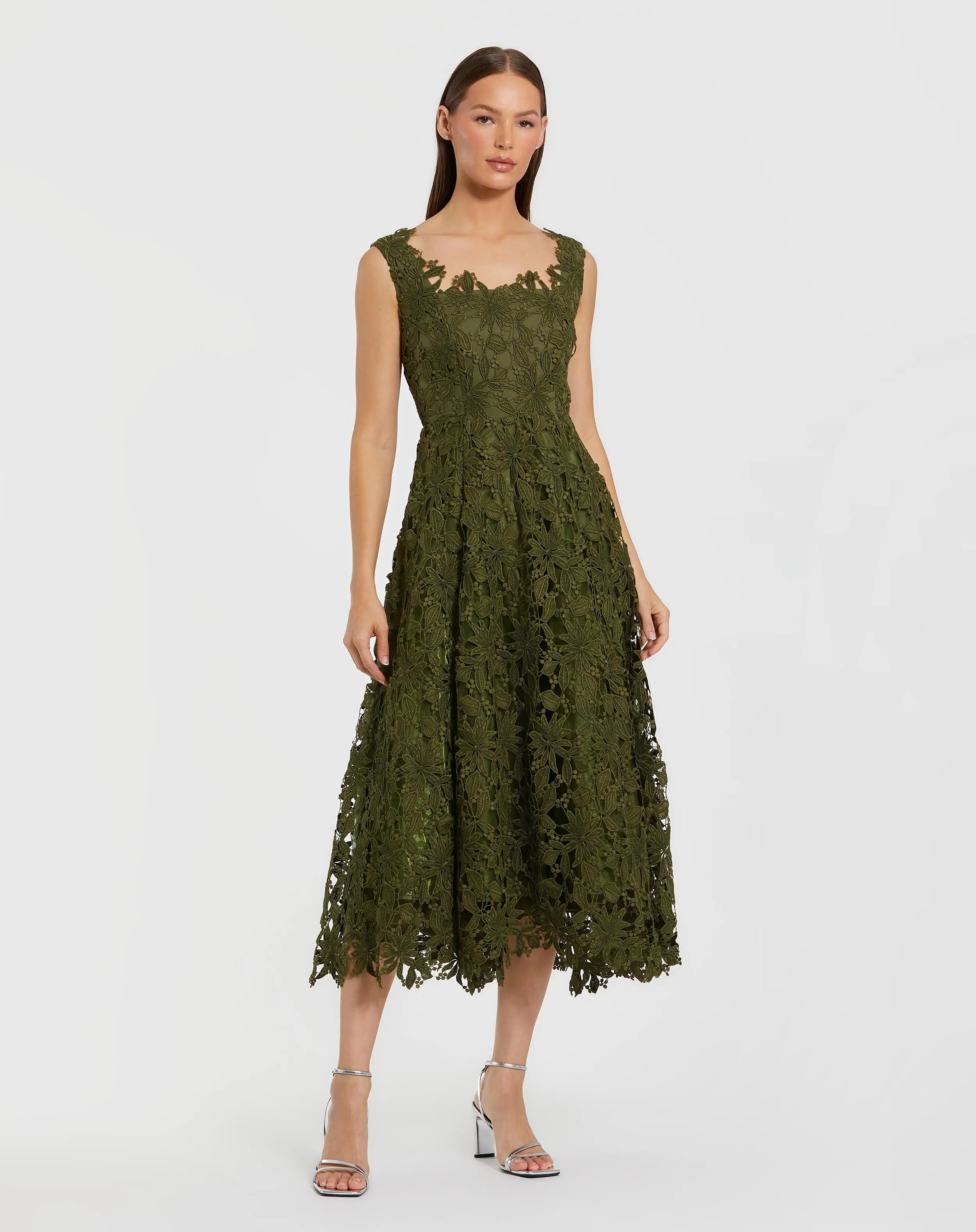 Mac Duggal Sleeveless Embroidered Lace A-Line Midi Dress - Green |  Editorialist