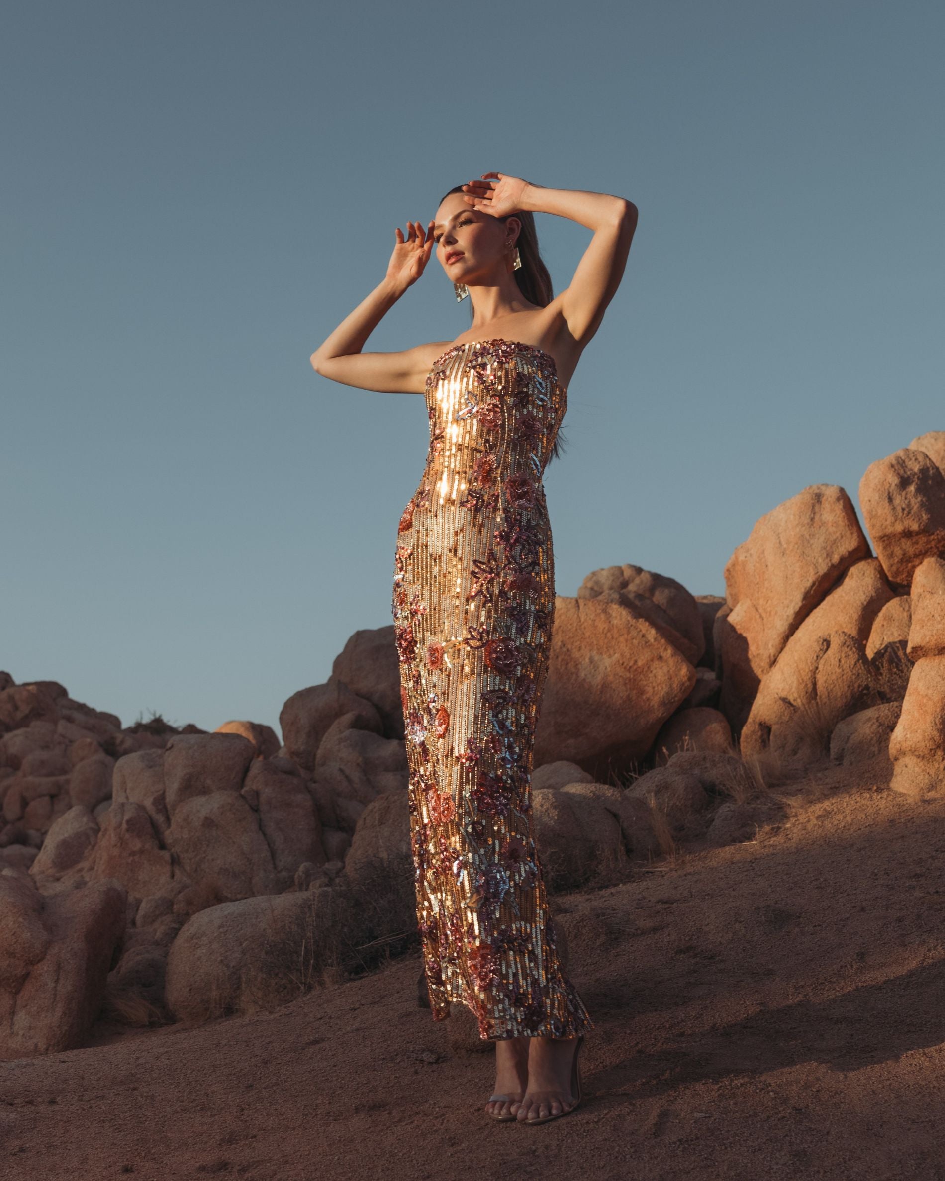 Mac Duggal Strapless Embellished Column Gown - Gold Multi | Editorialist Mac Duggal Strapless Embellished Column Gown - Gold Multi | Editorialist