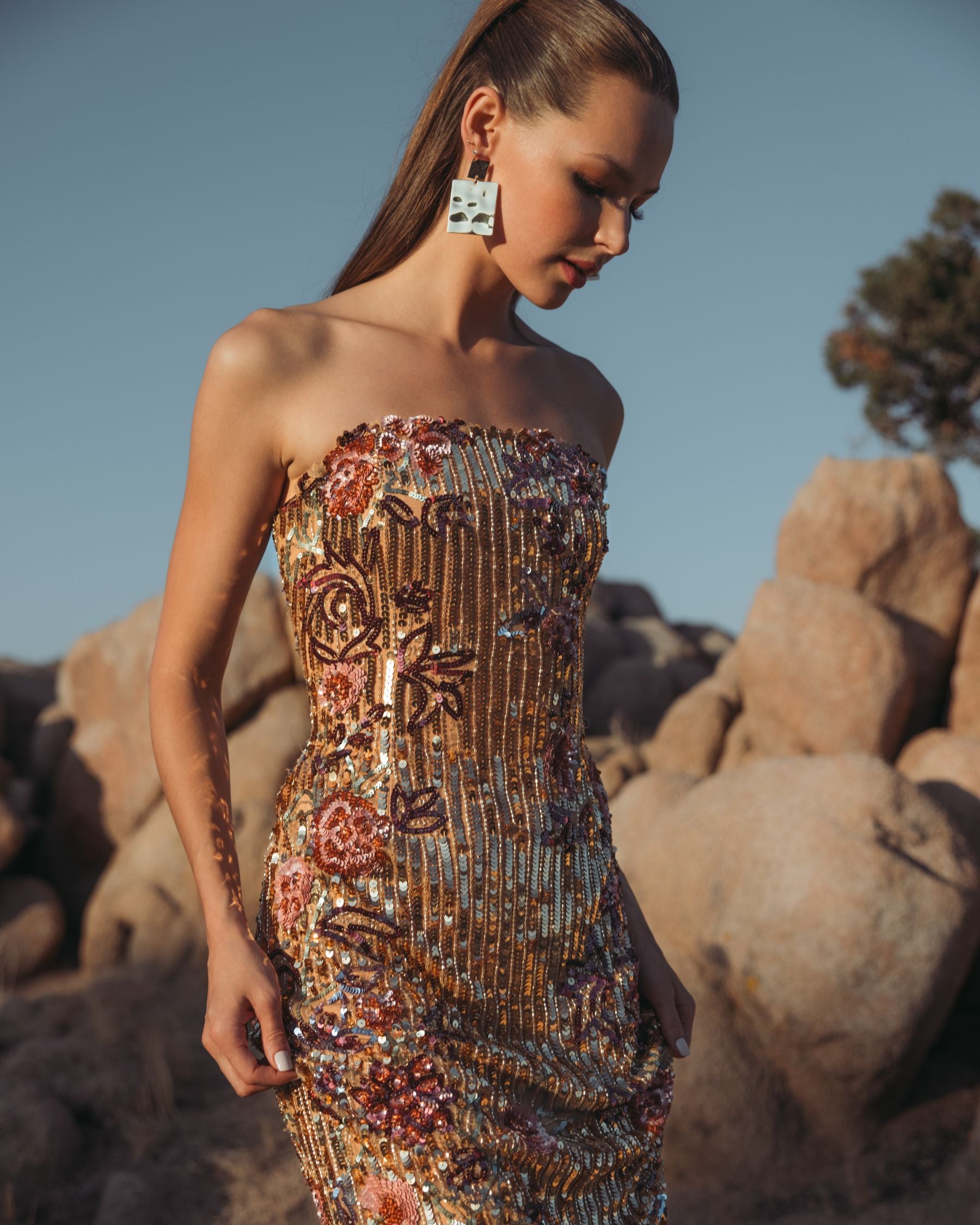 mac duggal beaded empire waist column midi cocktail dress Mac Duggal 6169 Long Beaded Column Dress for Events – Mydressline main image 0