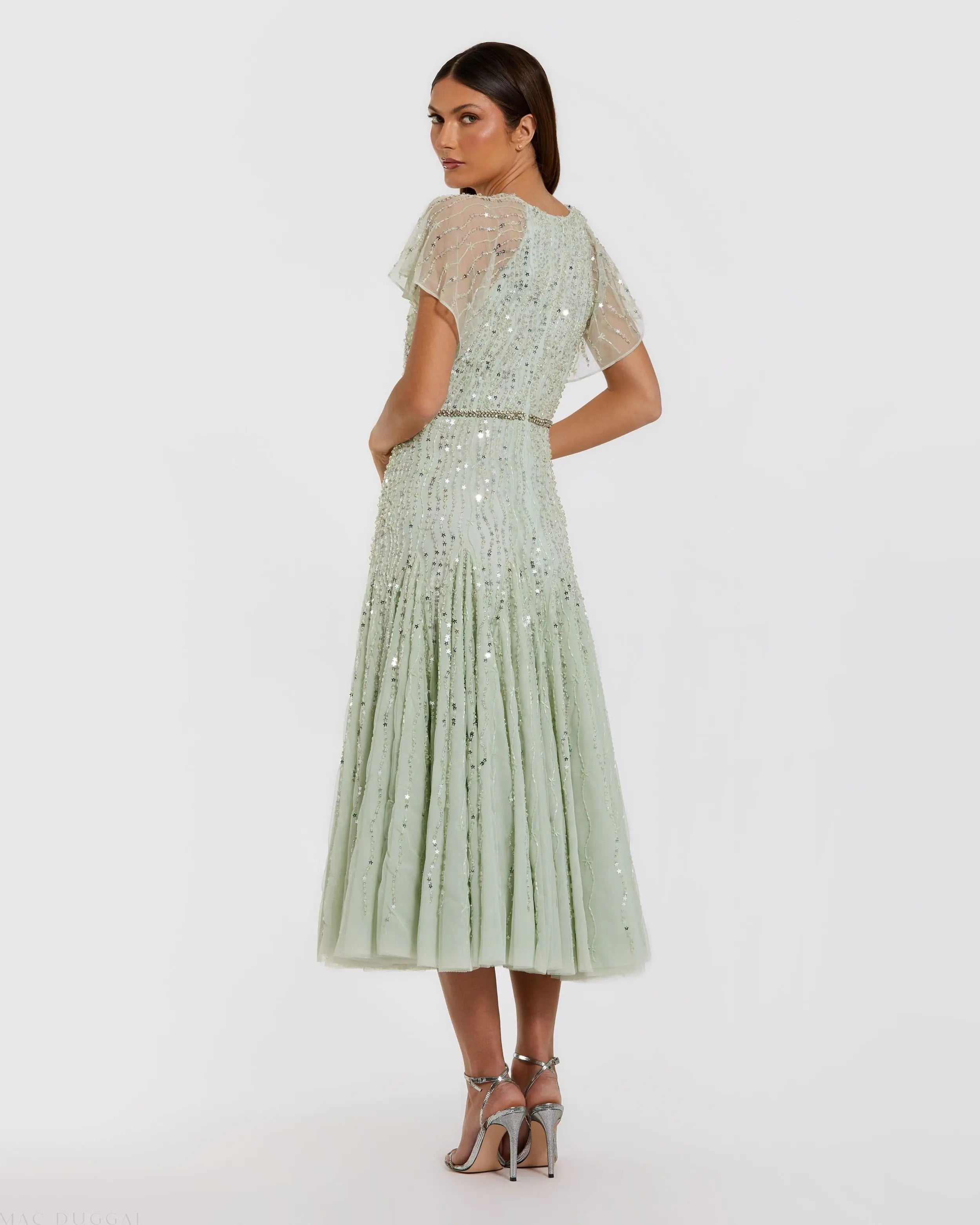 Mac Duggal - Green Embellished Bow Flutter Sleeve A Line Midi Dress - Seafoam / US 8 Mac Duggal - Green Embellished Bow Flutter Sleeve A Line Midi Dress - Seafoam / US 8