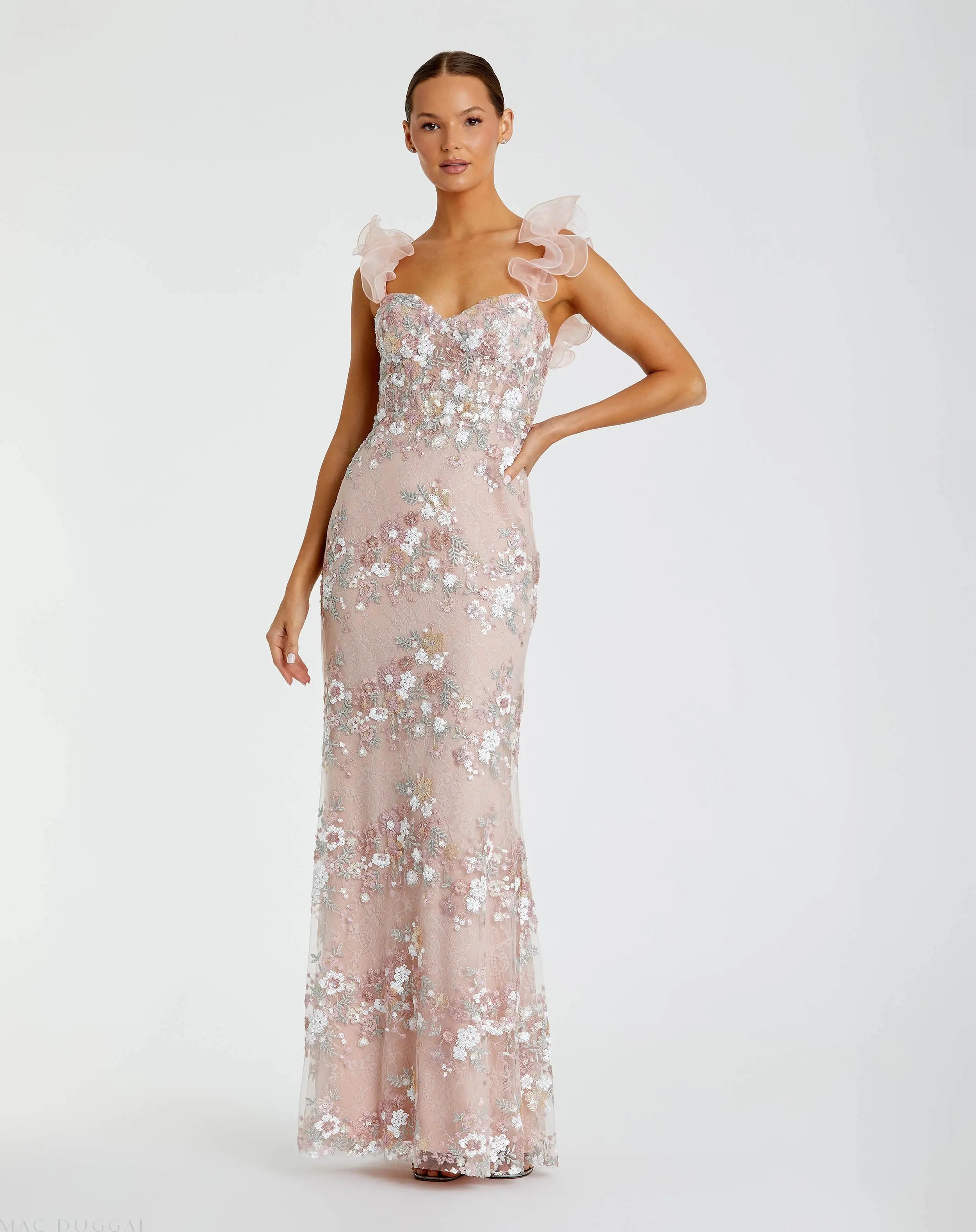 Pink Embroidered Floral Column Gown with Ruffle Straps | Mac Duggal Pastel Multi / US 6 Pink Embroidered Floral Column Gown with Ruffle Straps | Mac Duggal Pastel Multi / US 6