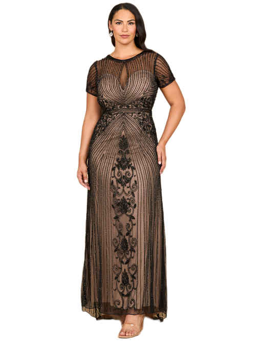 LARA NEW YORK Beaded Cap Sleeve Illusion Plunge Gown