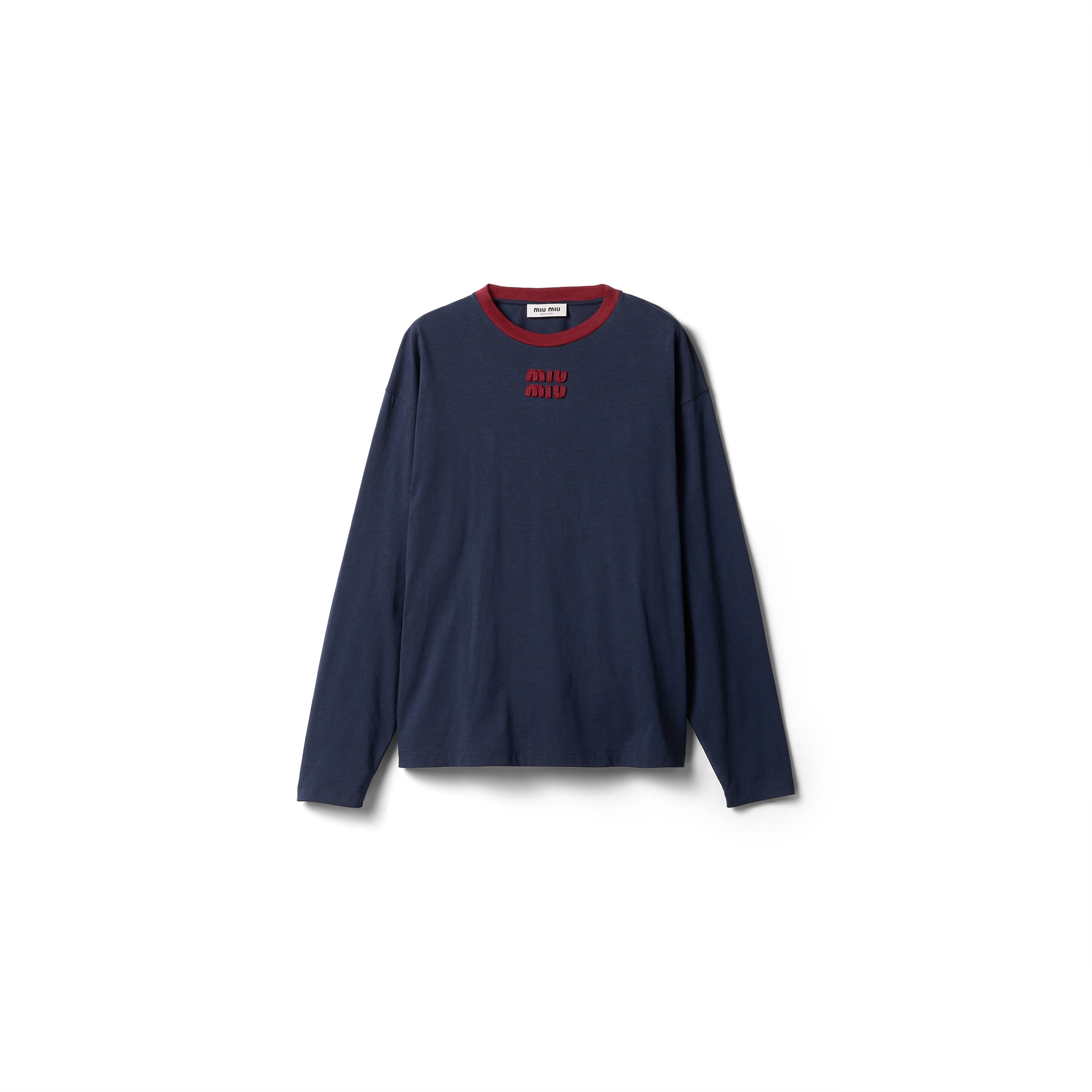 Miu Miu Long-Sleeved Cotton Jersey T-Shirt - Blue/Burgundy