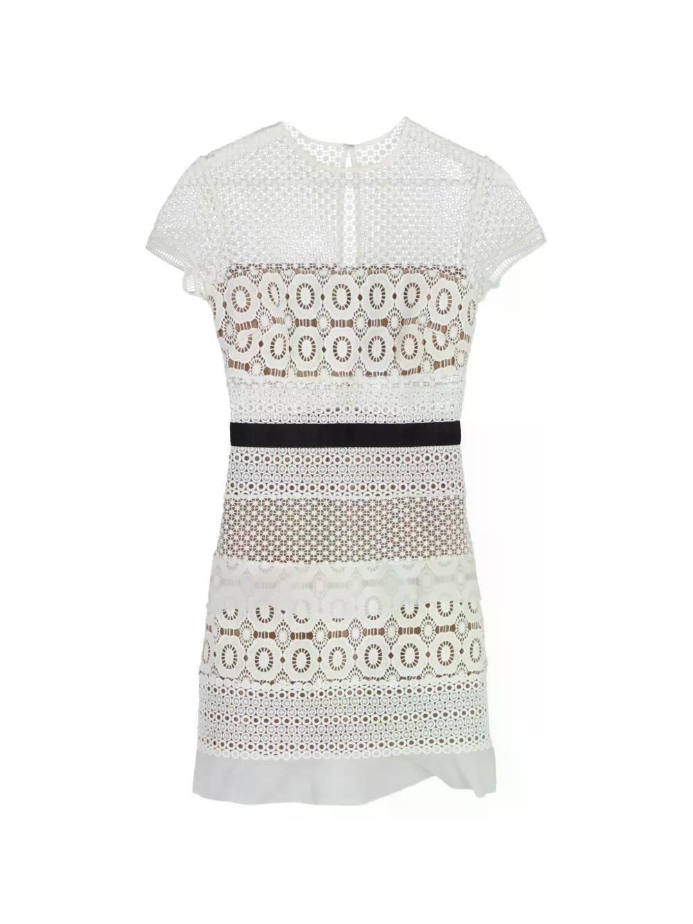 white lace up tie front mini knit dress White Lace Collared Pointelle Knit Mini Dress – self-portrait-US main image 1