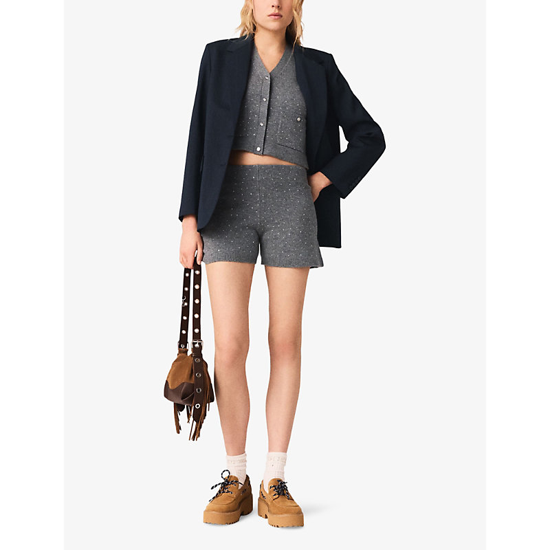 MAJE Maje Rhinestone-Embellished Wool-Blend Shorts