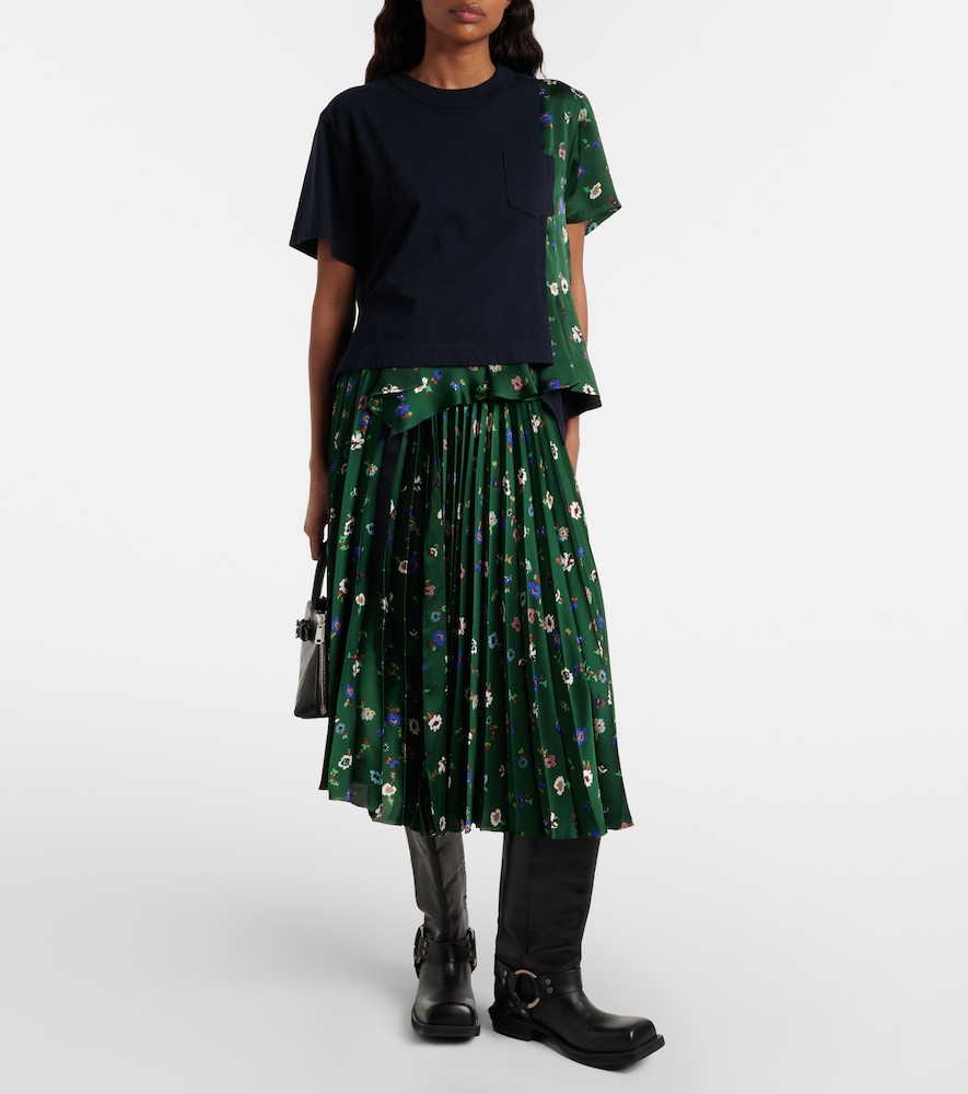 SACAI Floral Plissé Satin Midi Skirt