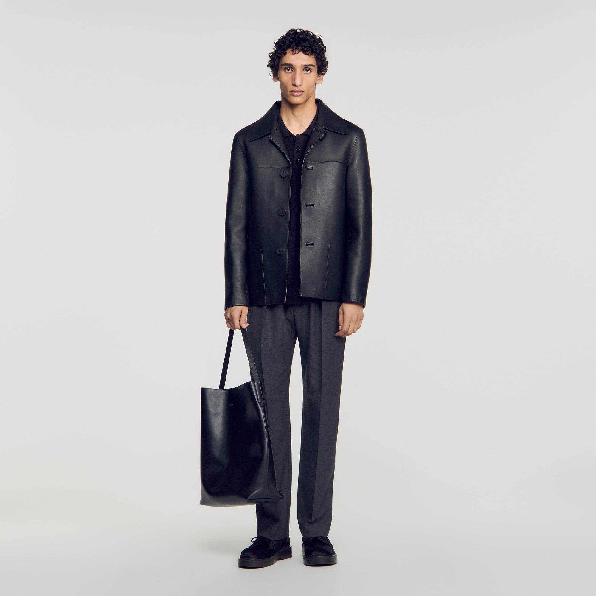 SANDRO Buttoned Lambskin Leather Jacket