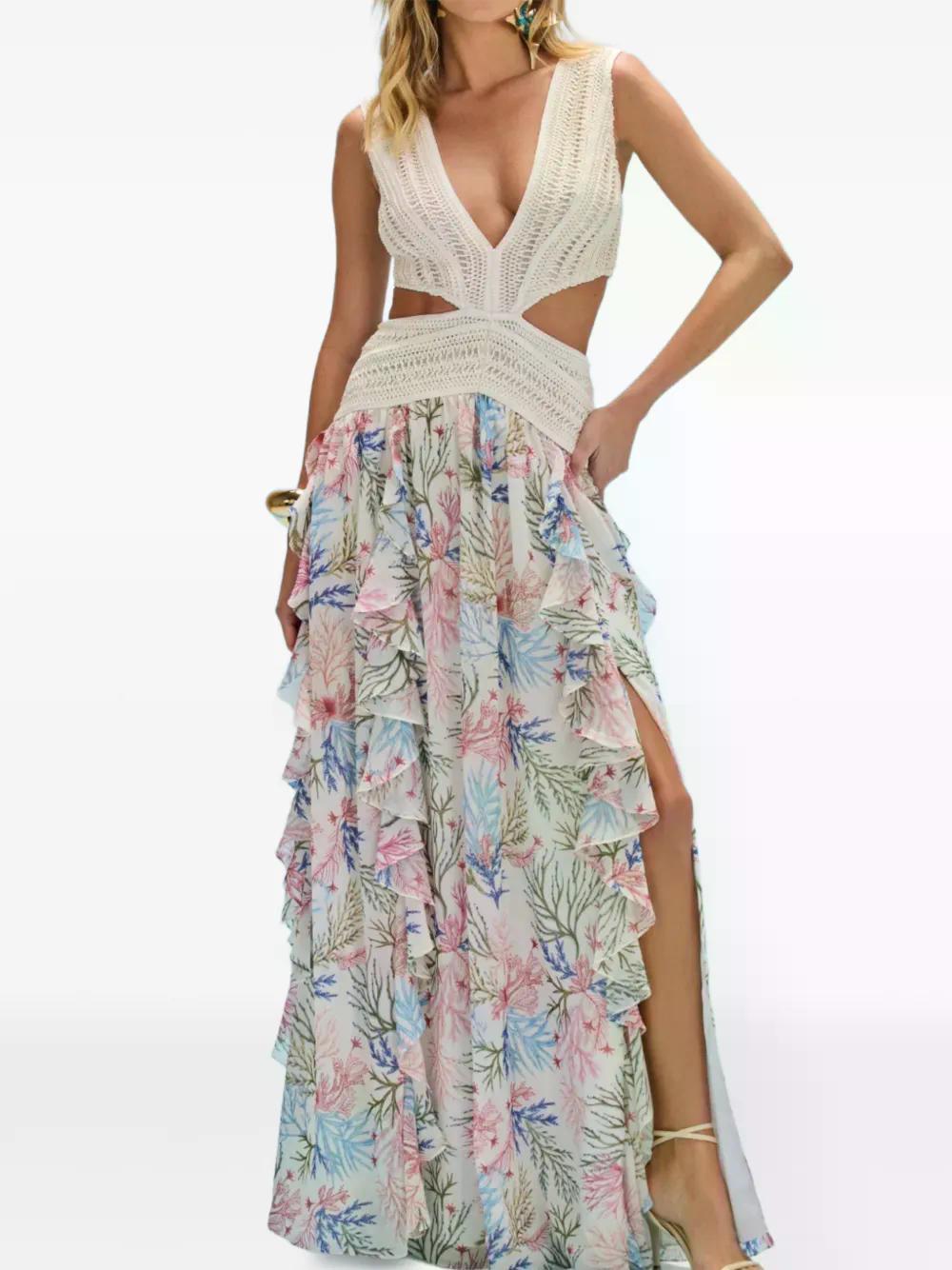 PATBO Seaweed Trim Cut-Out Ruffled Maxi Dress