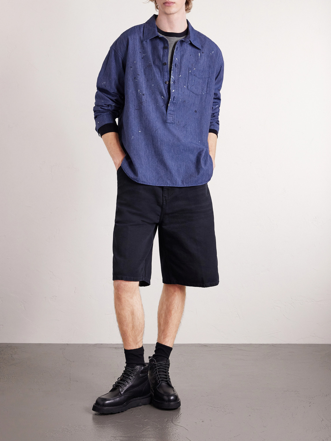 VISVIM Visvim - Paint-Splattered Cotton and Silk-Blend Chambray Shirt - Men - Blue - 1