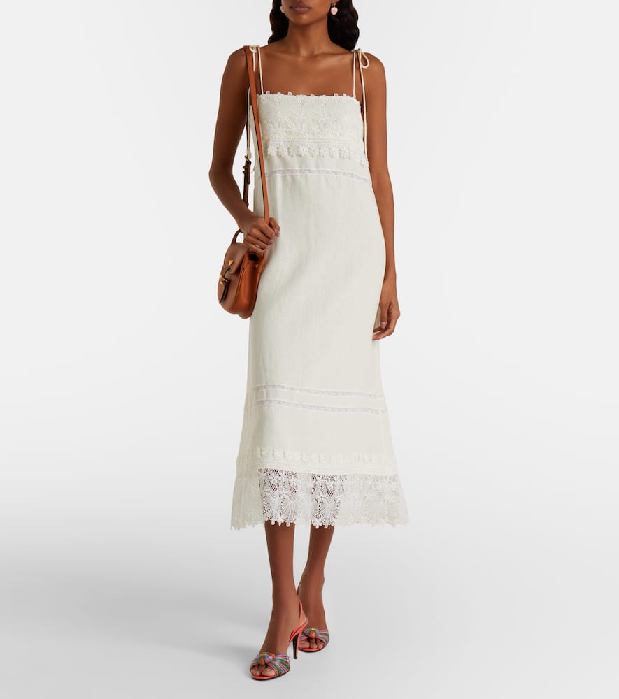 VALENTINO Lace-Trimmed Linen Midi Dress