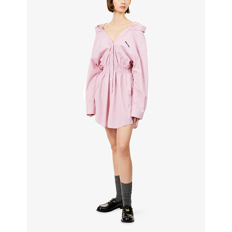 MIU MIU Pinstripe Cotton Poplin Mini Shirt Dress