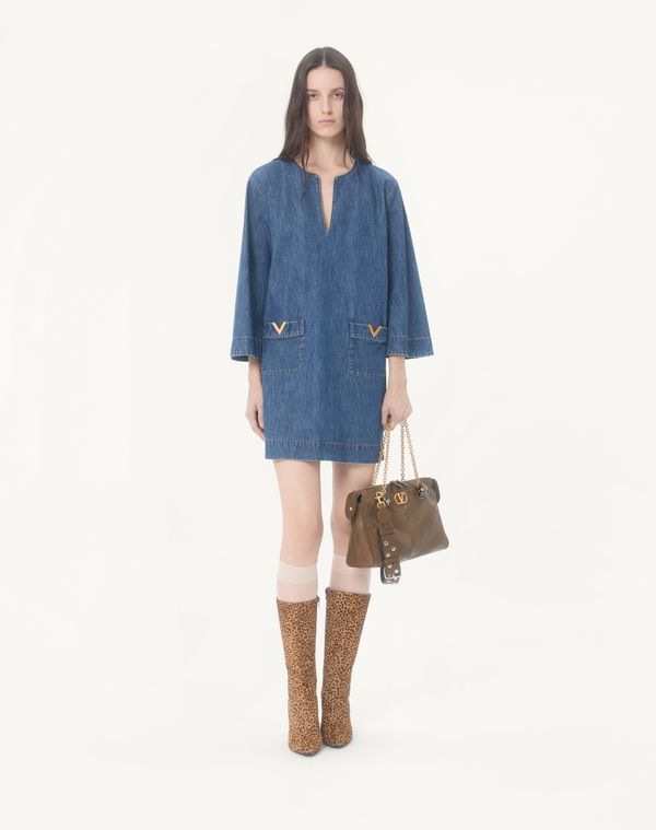 VALENTINO Denim Chambray Dress with V Gold Detail