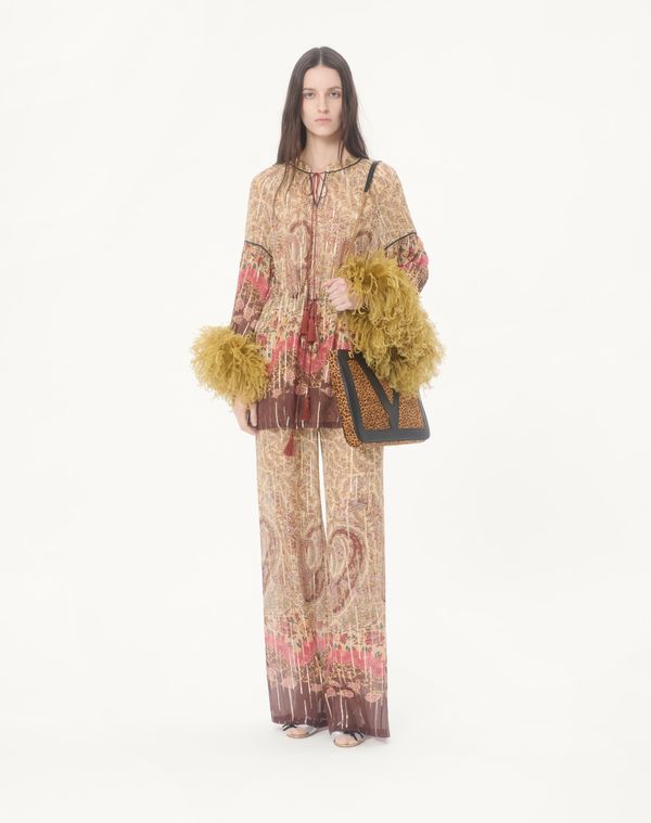 VALENTINO Valentino Pekin Voyage Imaginaire Paisley Print Blouse with Feather Trim