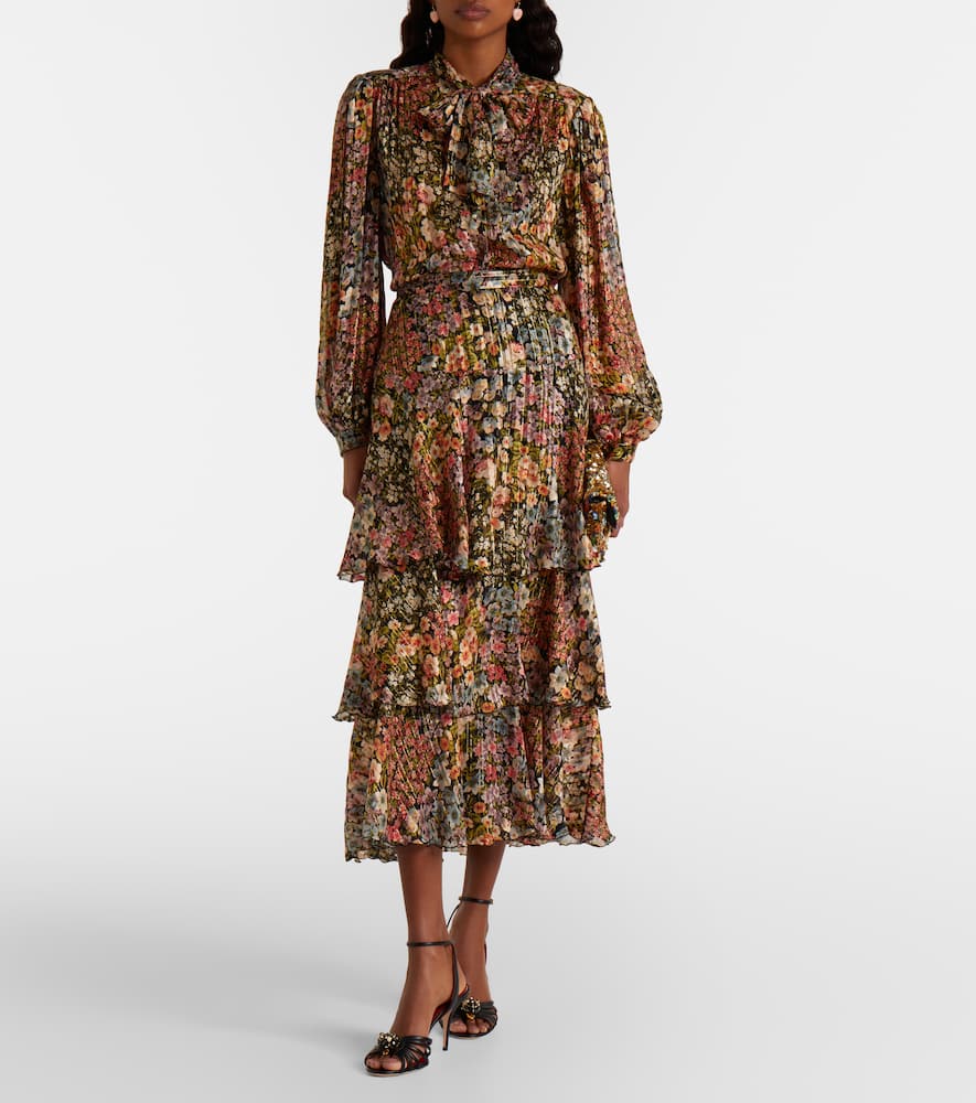 VALENTINO Floral Plissé Tiered Silk Midi Skirt