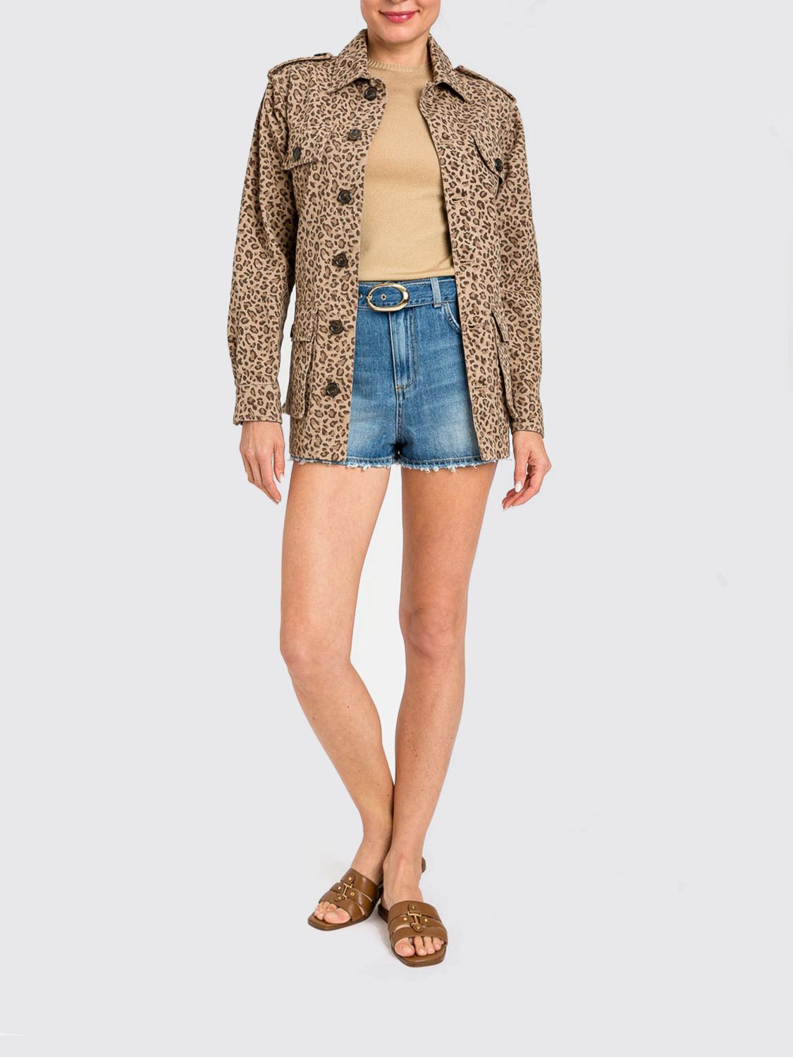 TWINSET Twinset Animal Print Cotton Safari Jacket with Belt