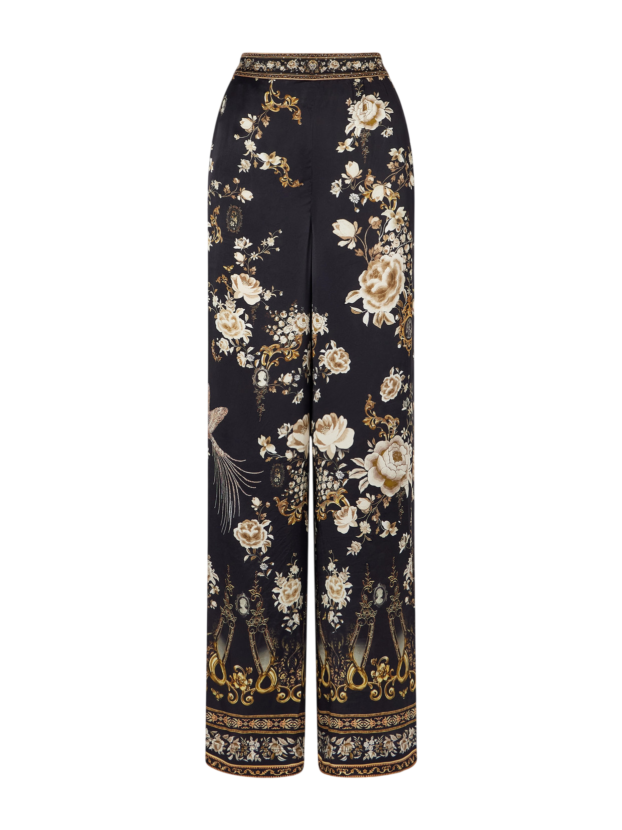 CAMILLA Embellished Embroidered Printed Silk-Satin Pants