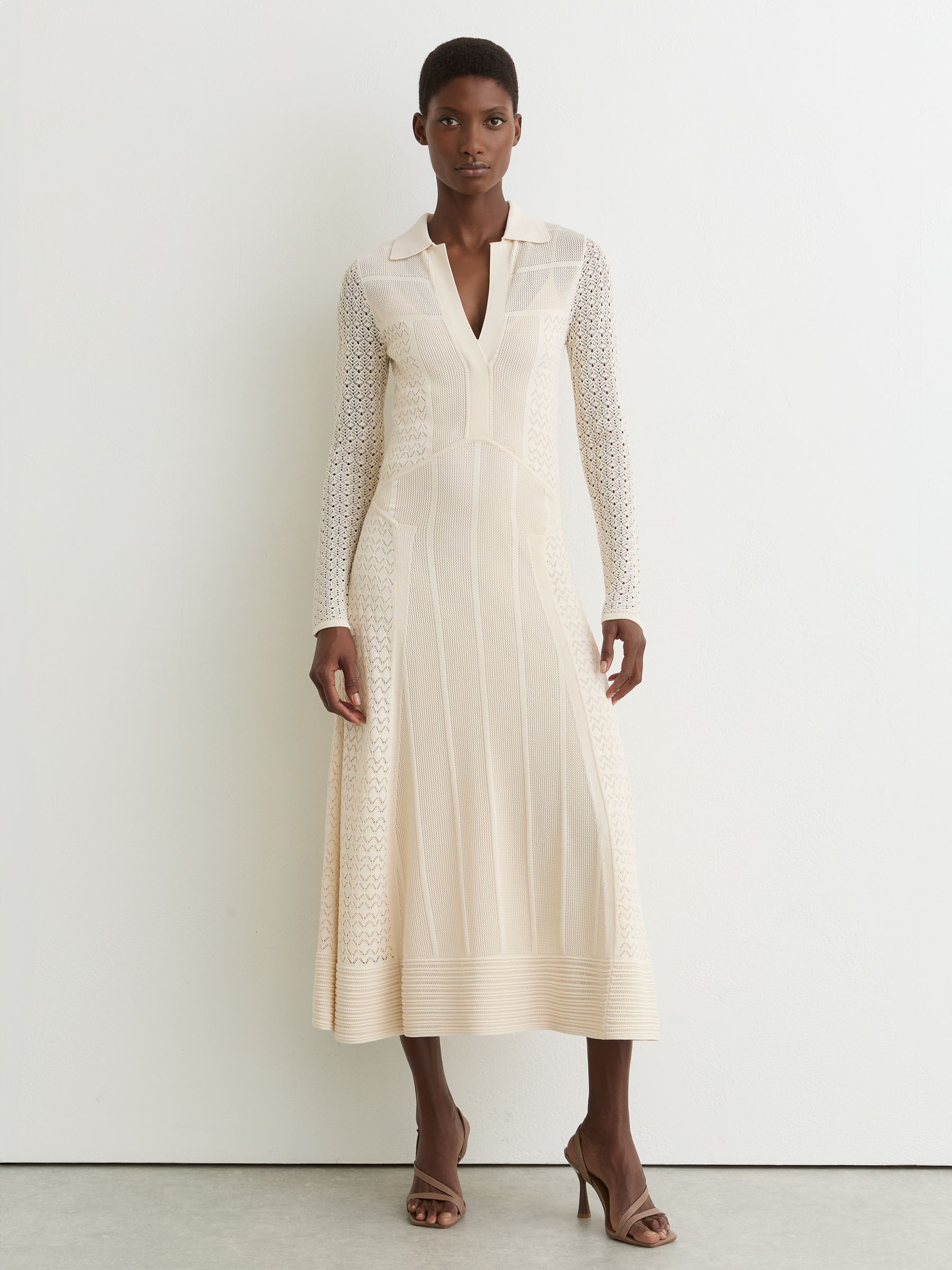 REISS Lindy Pointelle-Knit Panelled Midi Dress